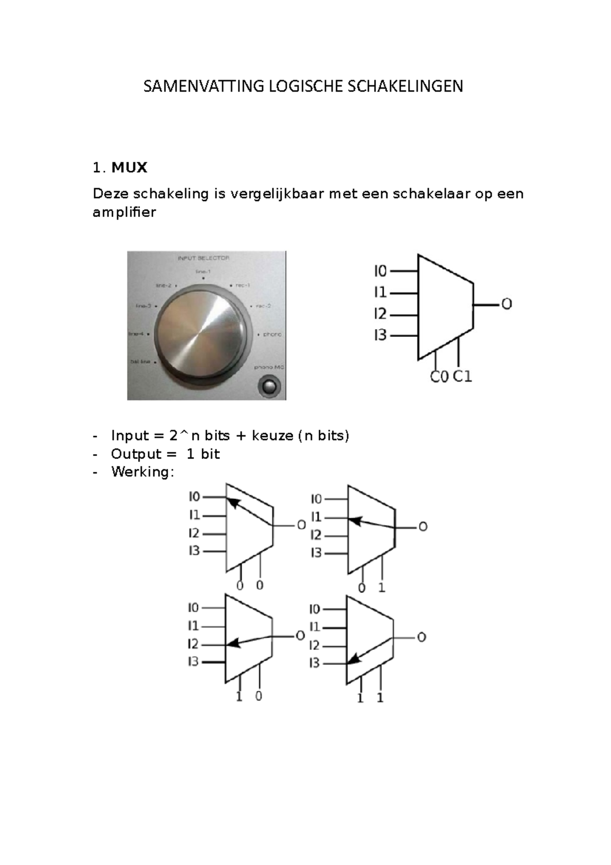 Samenvatting Logische Schakelingen - SAMENVATTING LOGISCHE SCHAKELINGEN 1. MUX Deze schakeling ...
