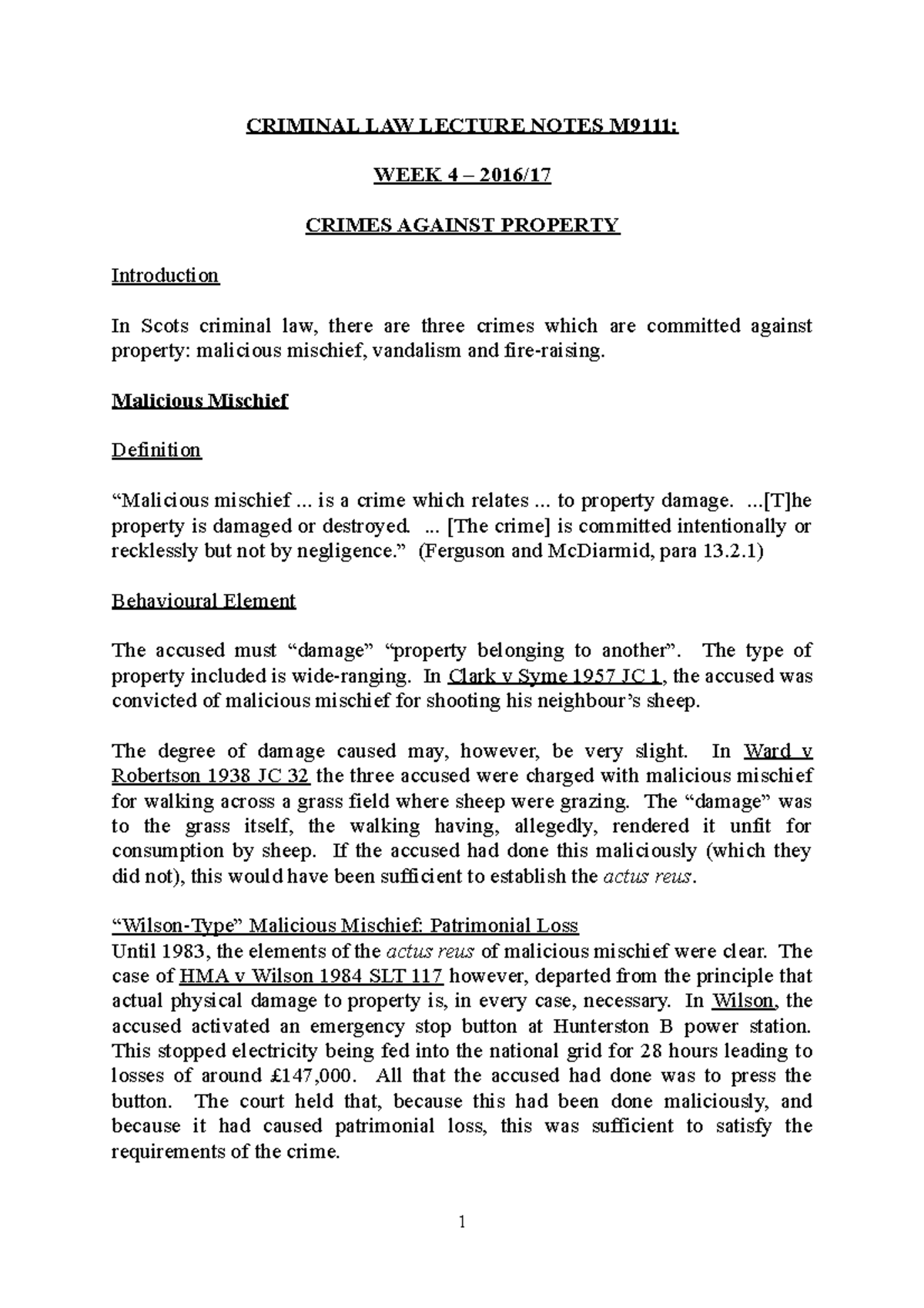 Criminal Law - lecture notes - property; course of justice - 2016 ...