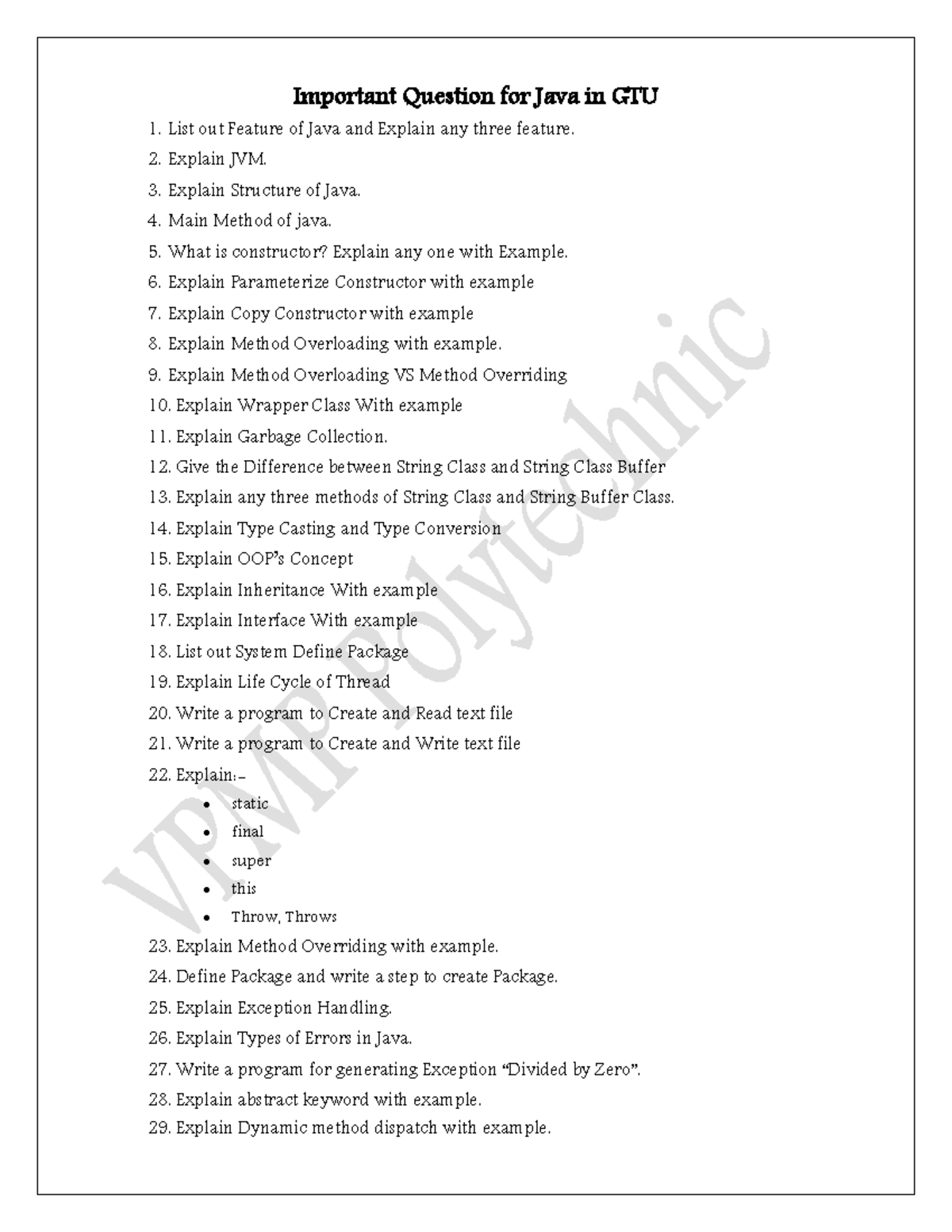 Java Java Imp Important Question For Java In Gtu List Out Feature
