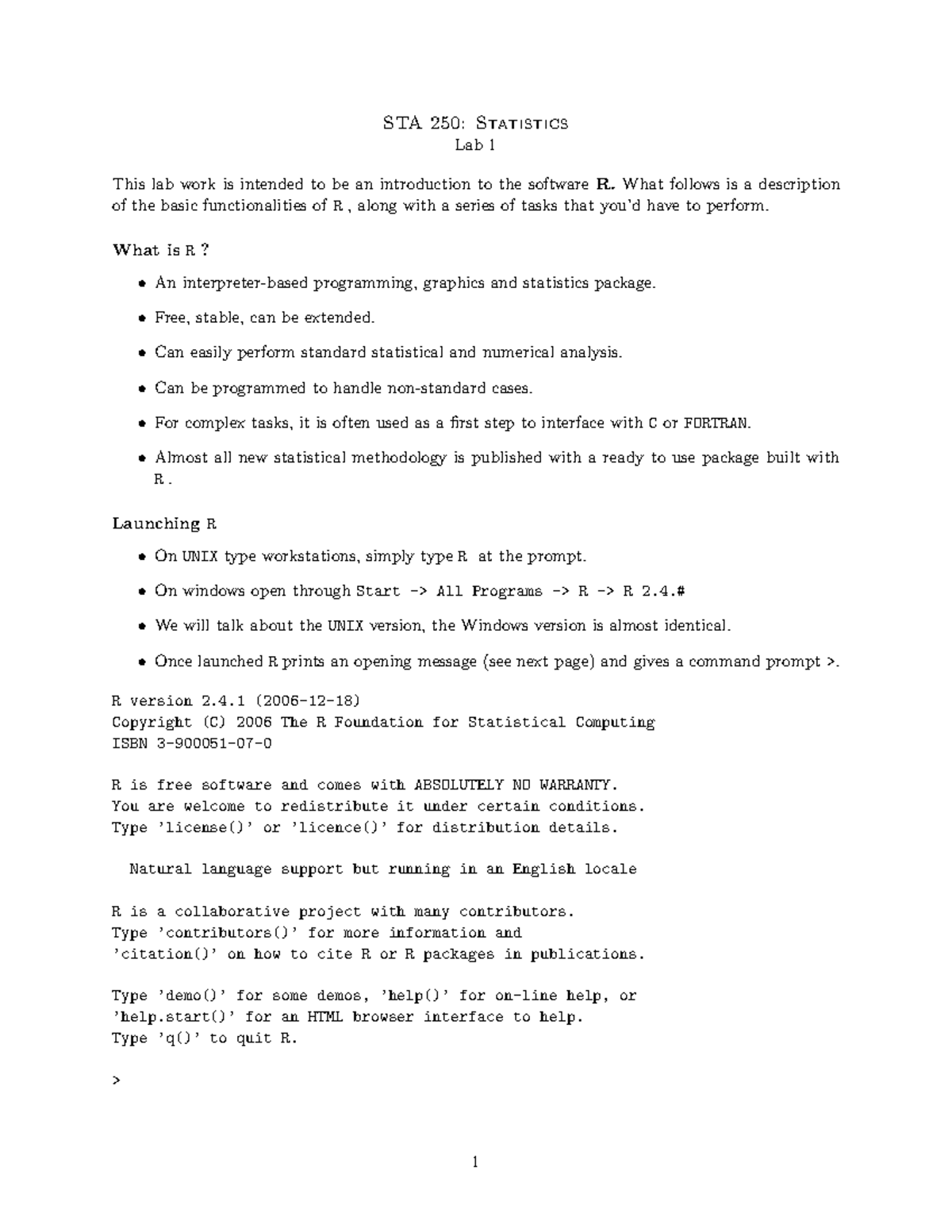 Practical - STA 250: Statistics Lab 1 This lab work is intended to be ...