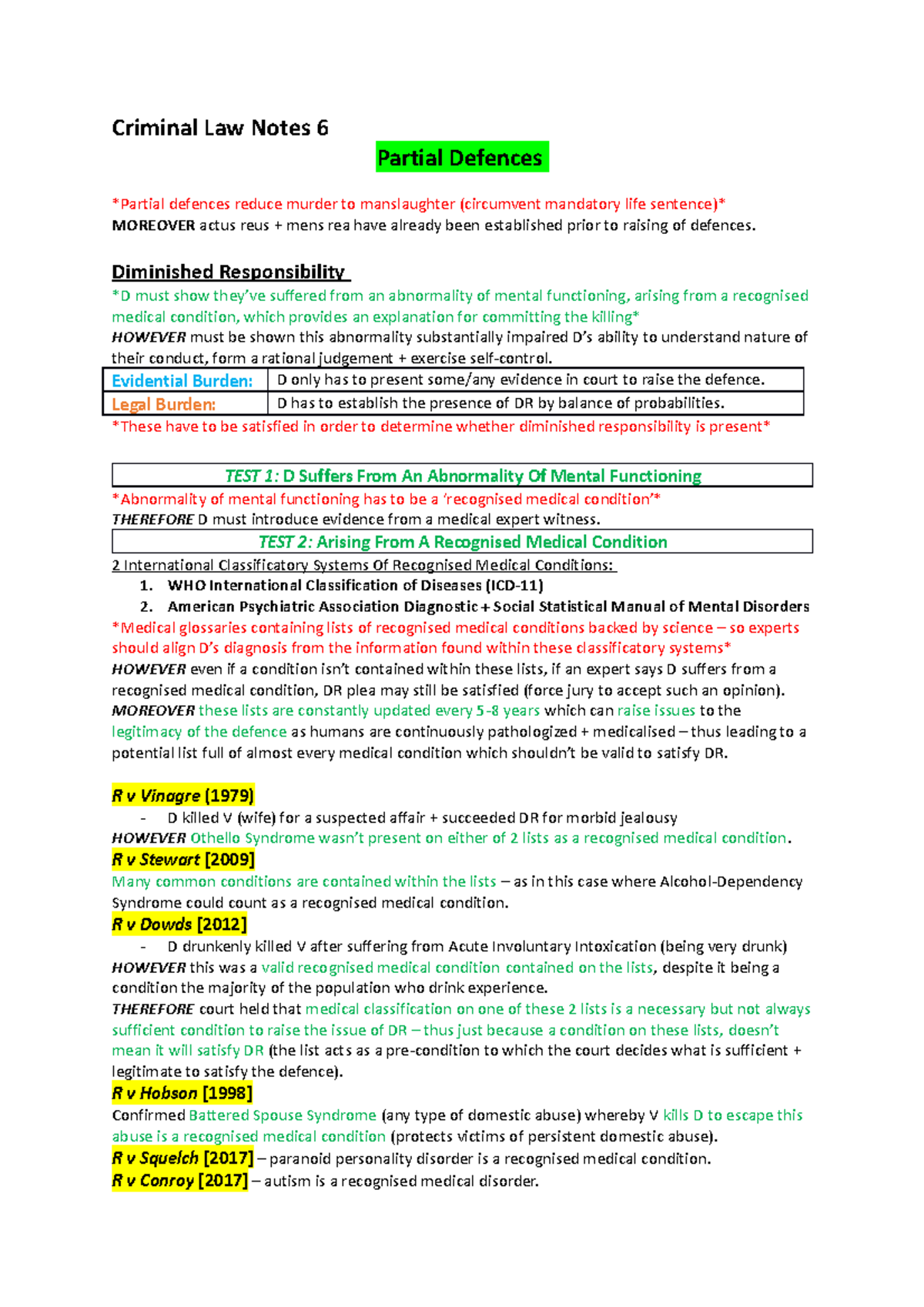 Criminal Law Notes (6) - Partial Defences - Criminal Law Notes 6 ...