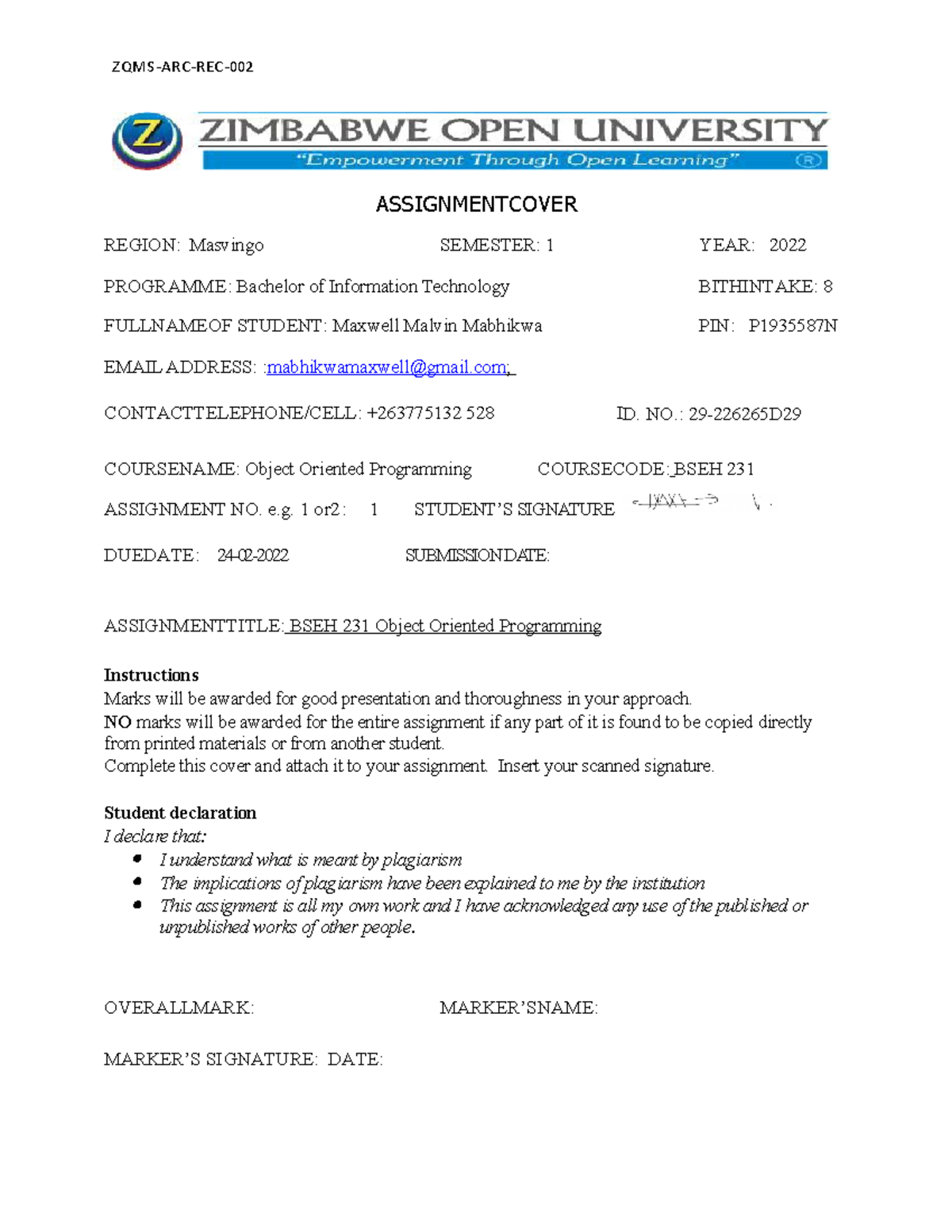 BSEH 231 Assignment 1 OOP - ZQMS-ARC-REC- ASSIGNMENT COVE R REGION ...