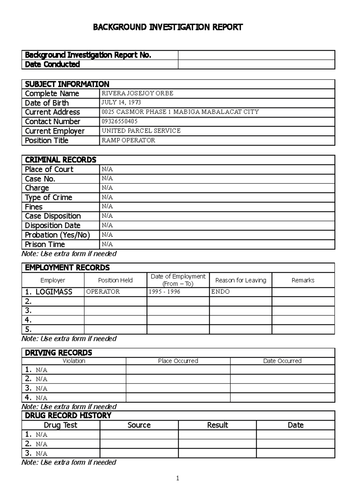 CBC checklist - let it be - BACKGROUND INVESTIGATION REPORT 1 ...