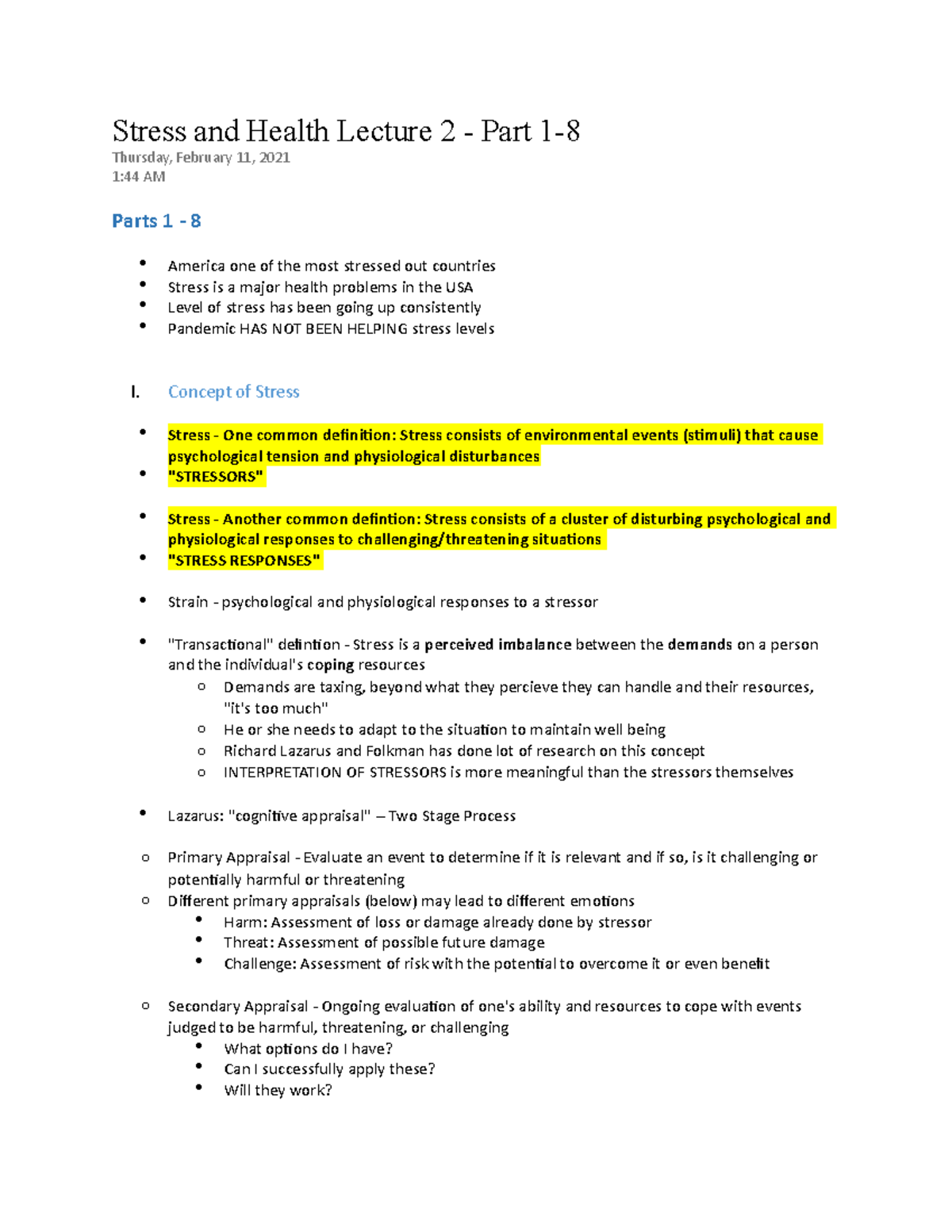 Health Psychology - Stress and Health (Lecture 2) - Part 1-8 - Stress ...