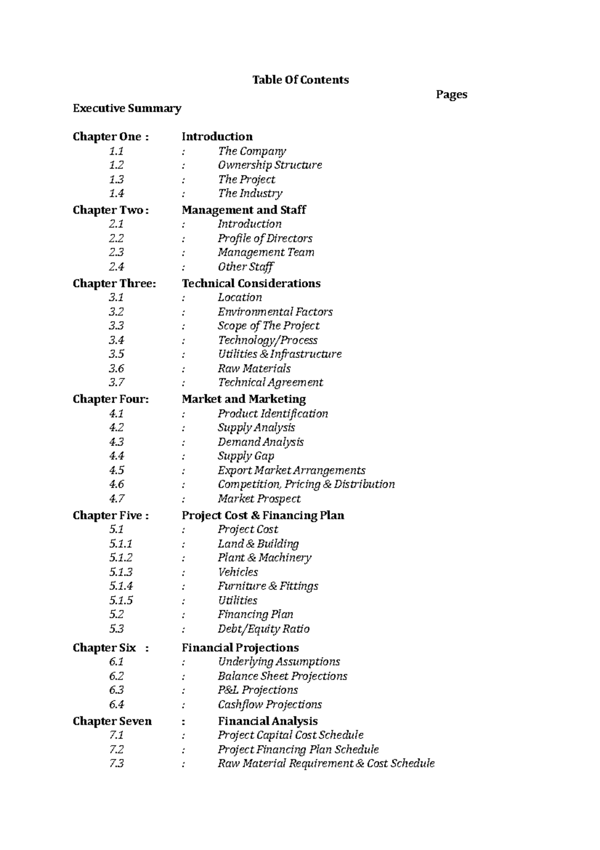 Sample Business PLAN Format - Table Of Contents Pages Executive Summary ...