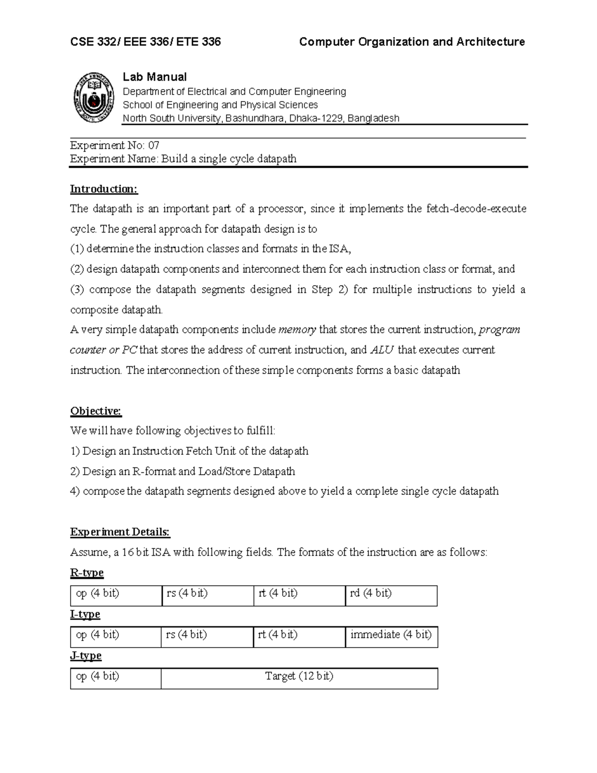 EXP-07(Datappath Design) - CSE 332/ EEE 336/ ETE 336 Computer ...