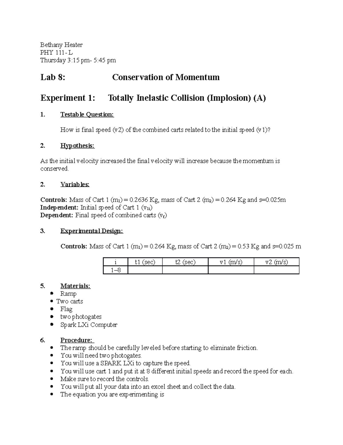 PHY111L Lab 8 Conservation of momentum 3 - Bethany Heater PHY 111- L ...