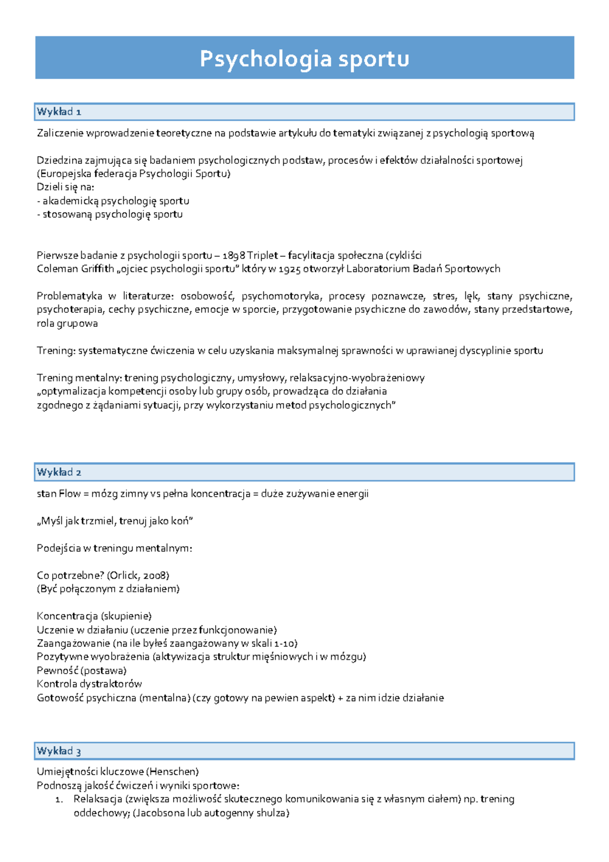 Psychologia sportu - Psychologia sportu Wykład 1 Zaliczenie ...