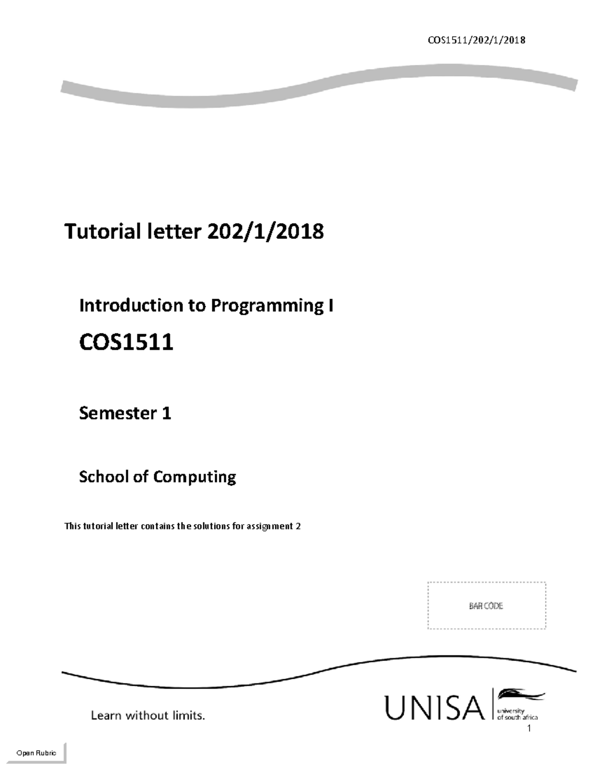 COS1511 202 1 2018 - ASSIGNMENT - COS1511/202/1/2018 Tutorial letter 202/1/2018 - Studocu