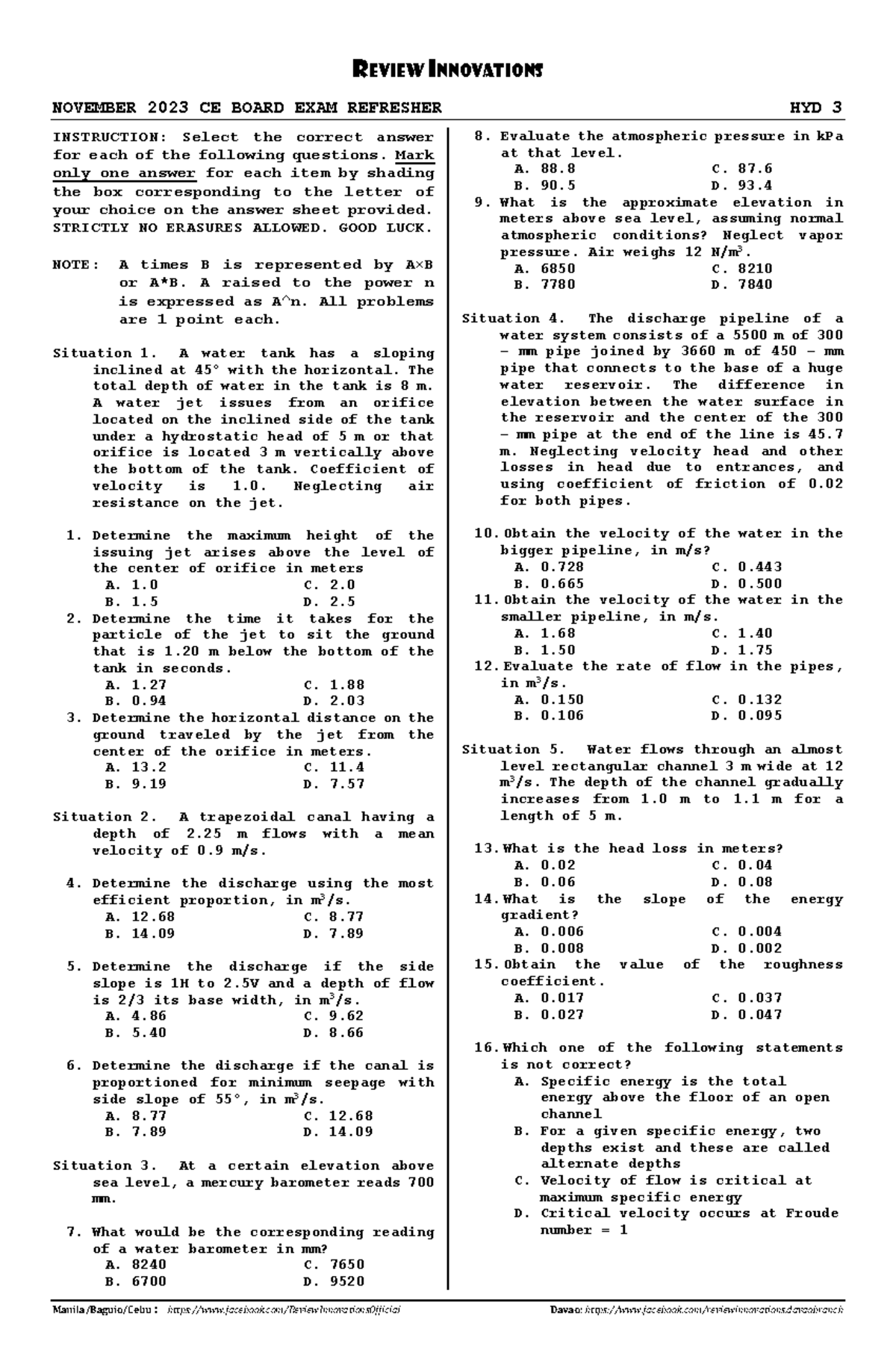 Hydraulics-Set-3 - Practice problem - REVIEW INNOVATIONS NOVEMBER 2023 ...