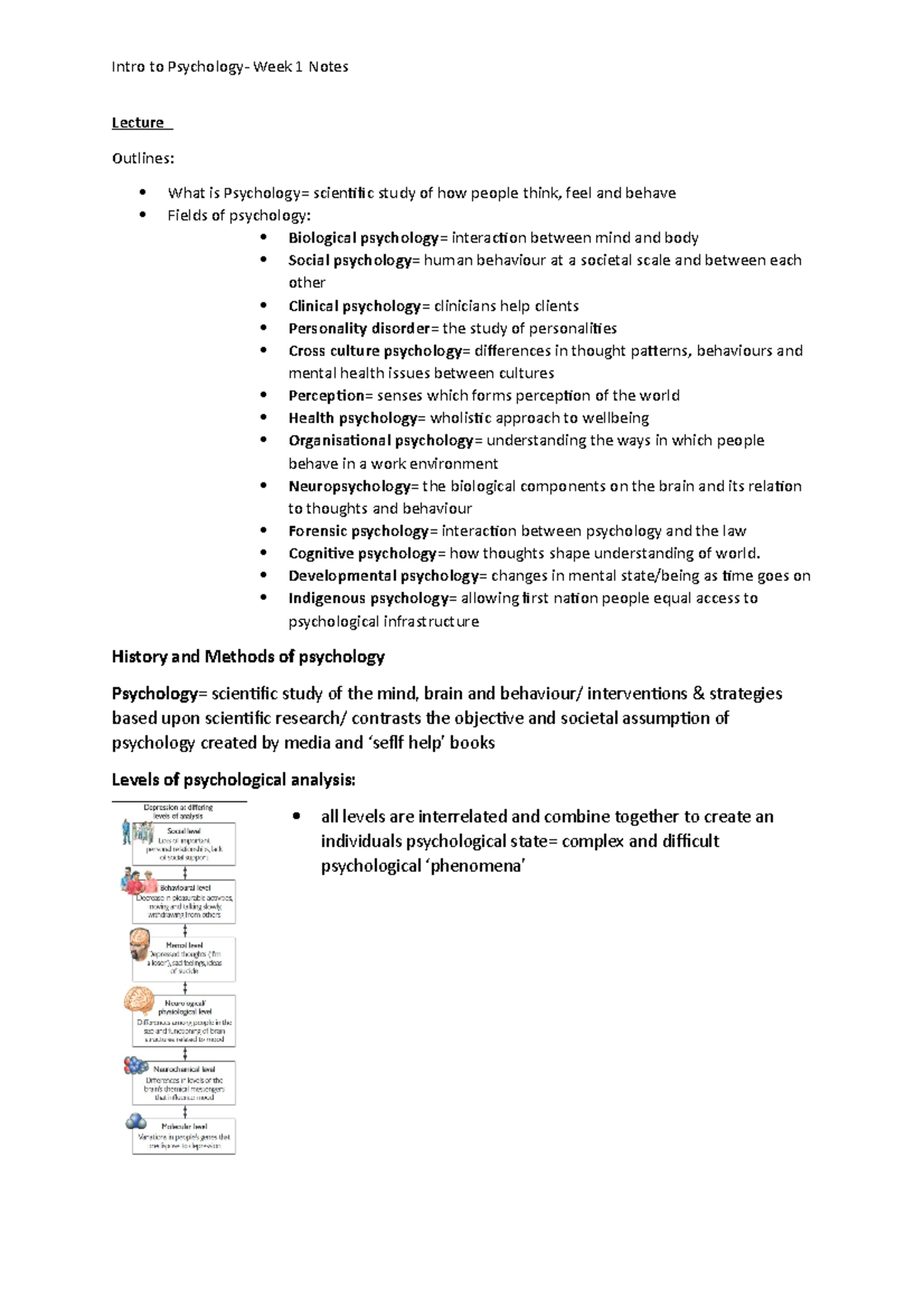 Psych week 1 notes - Intro to Psychology- Week 1 Notes Lecture Outlines ...