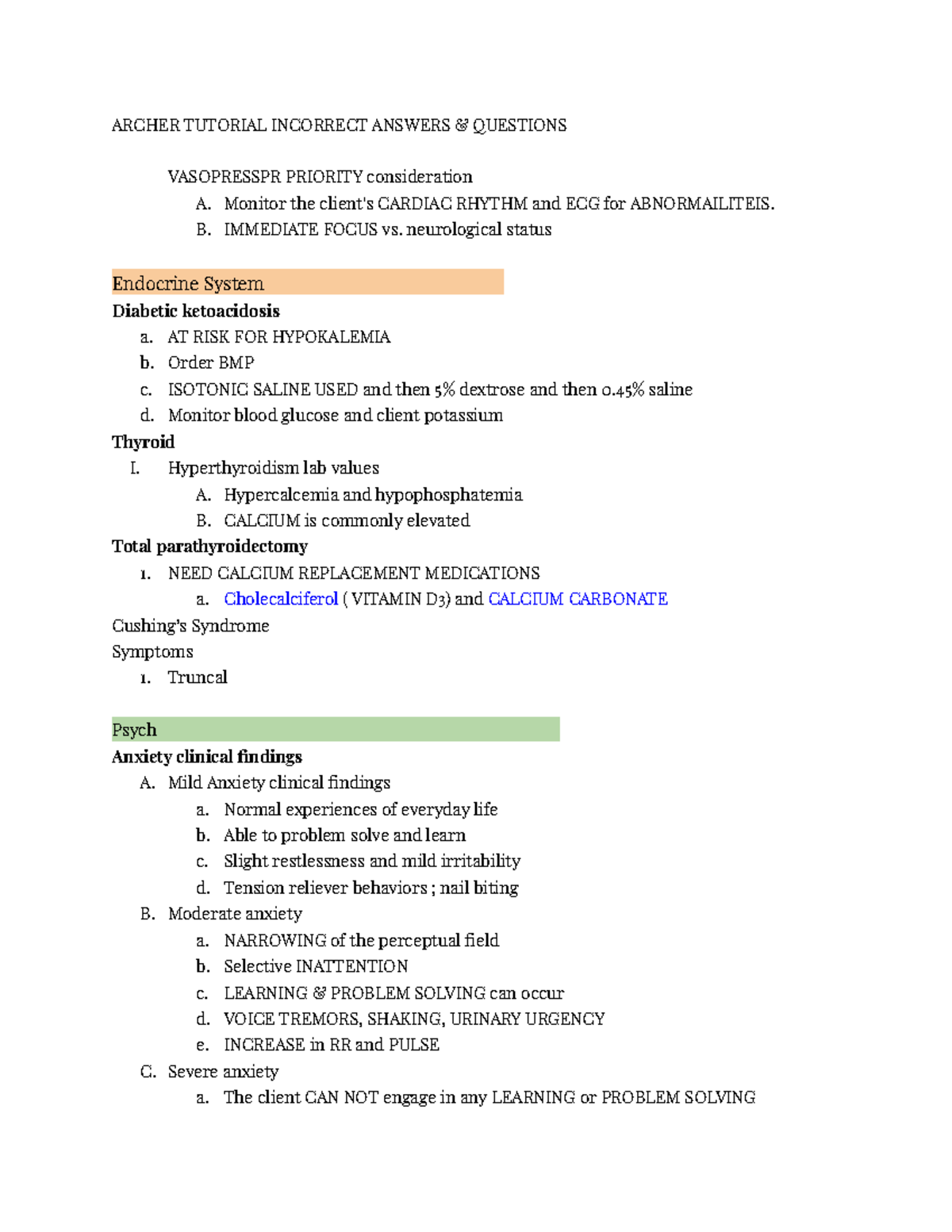 Adult health study guide - ARCHER TUTORIAL INCORRECT ANSWERS ...