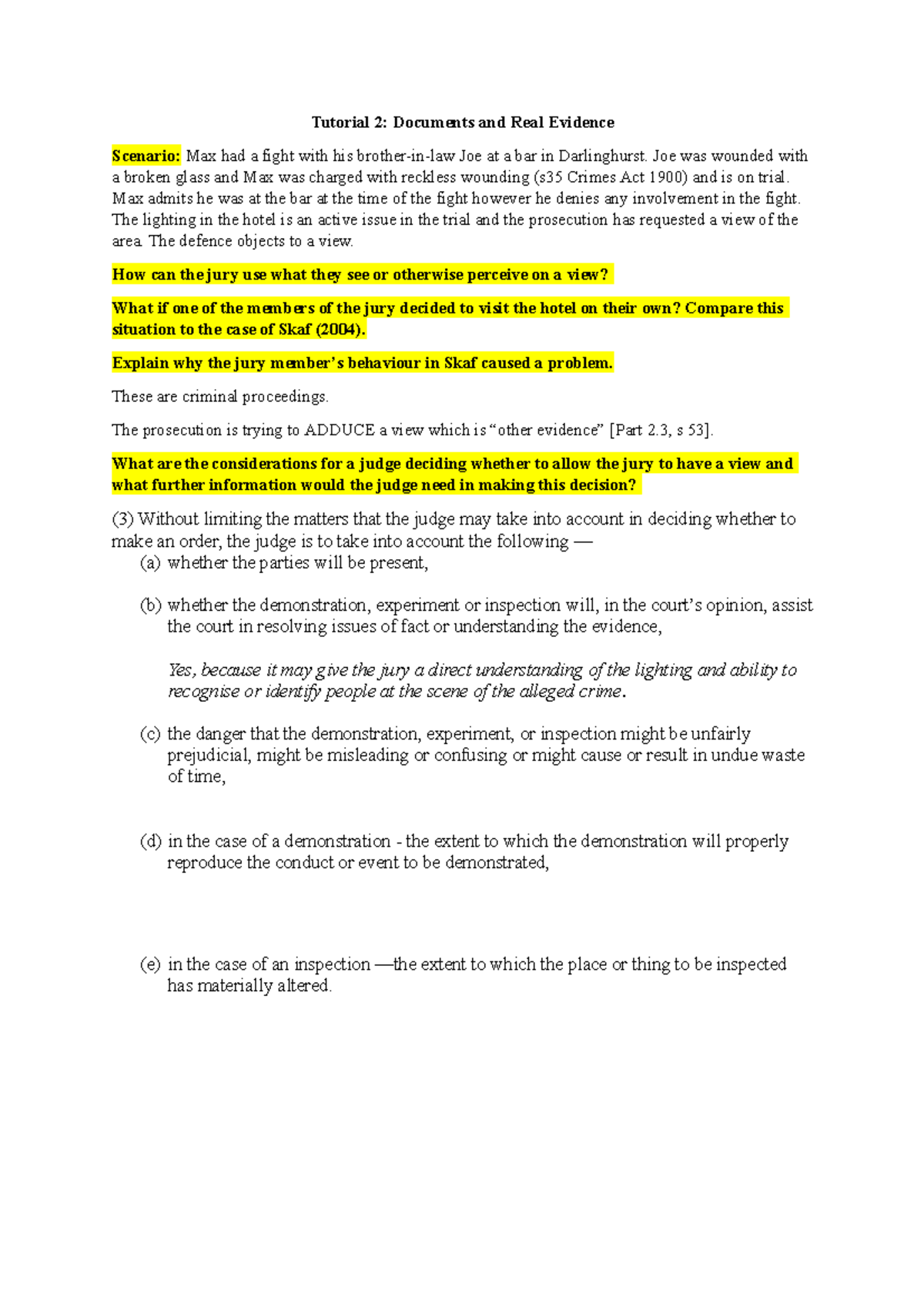Tutorial 2 Problem Scenario - Tutorial 2: Documents and Real Evidence ...