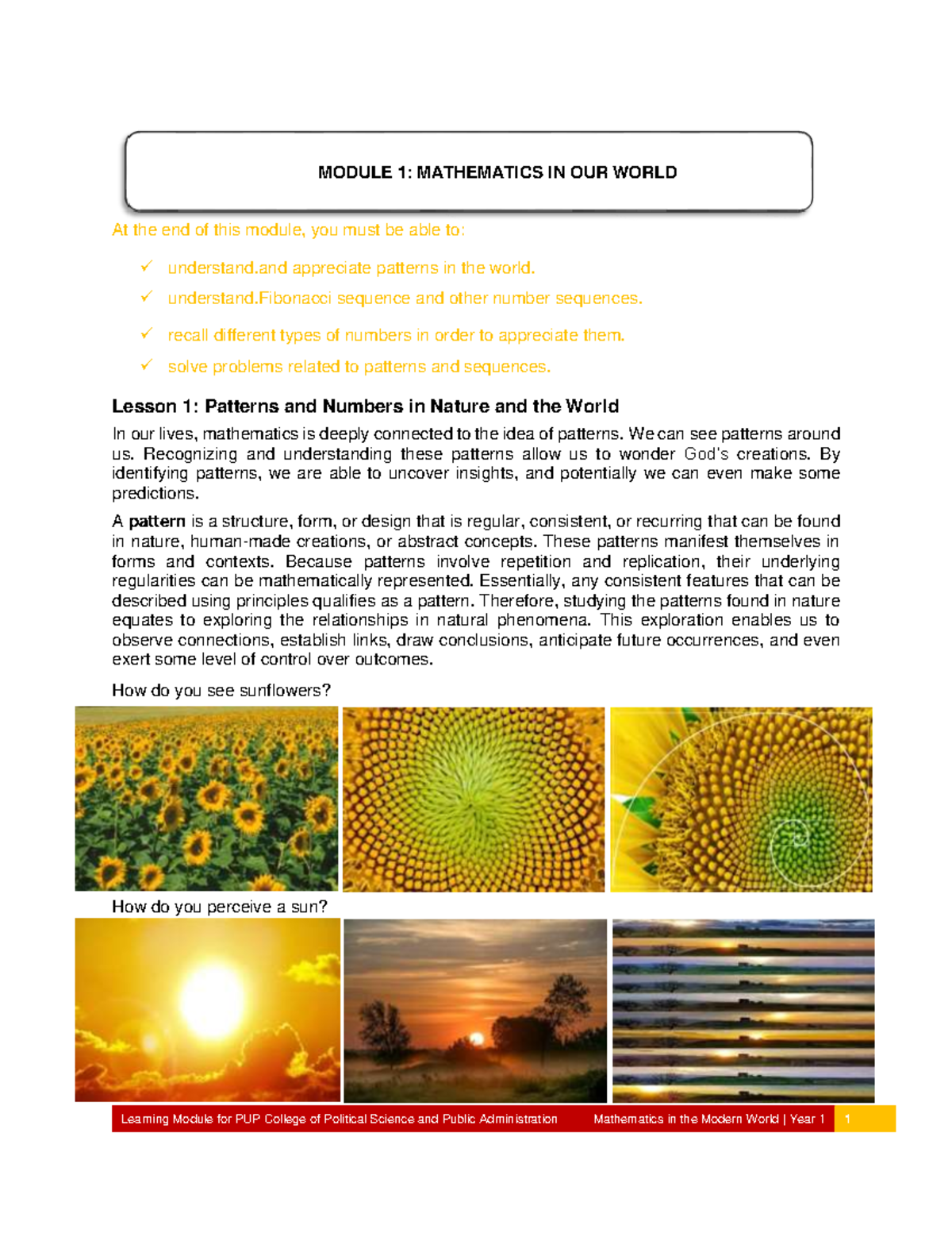 MMW 1 Module 1 (Mathematics in Our World) - MODULE 1: MATHEMATICS IN OUR WORLD At the end of ...