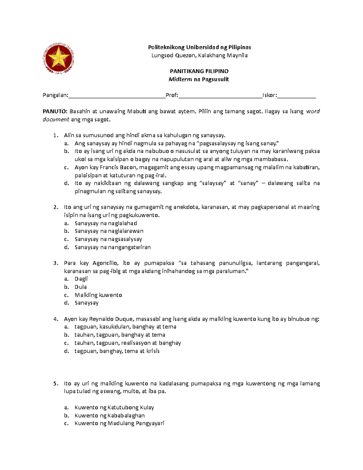 Panggitnang Pagsusulit T.P 2021 2022 2ND SEM - Politeknikong ...