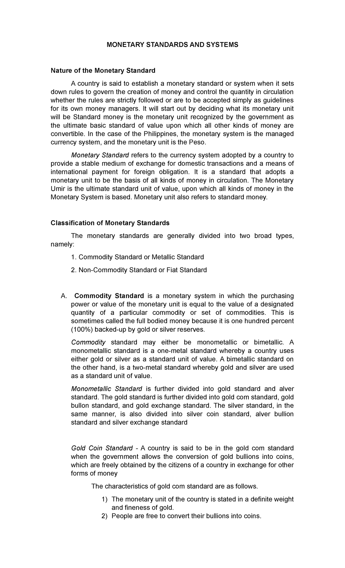 Monetary Standards AND Systems - MONETARY STANDARDS AND SYSTEMS Nature ...