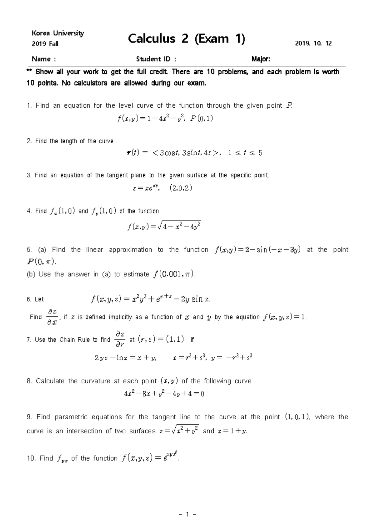 Calculus Sample Exam 2 (MATH162-24) - 1 - ** Show all your work to get ...