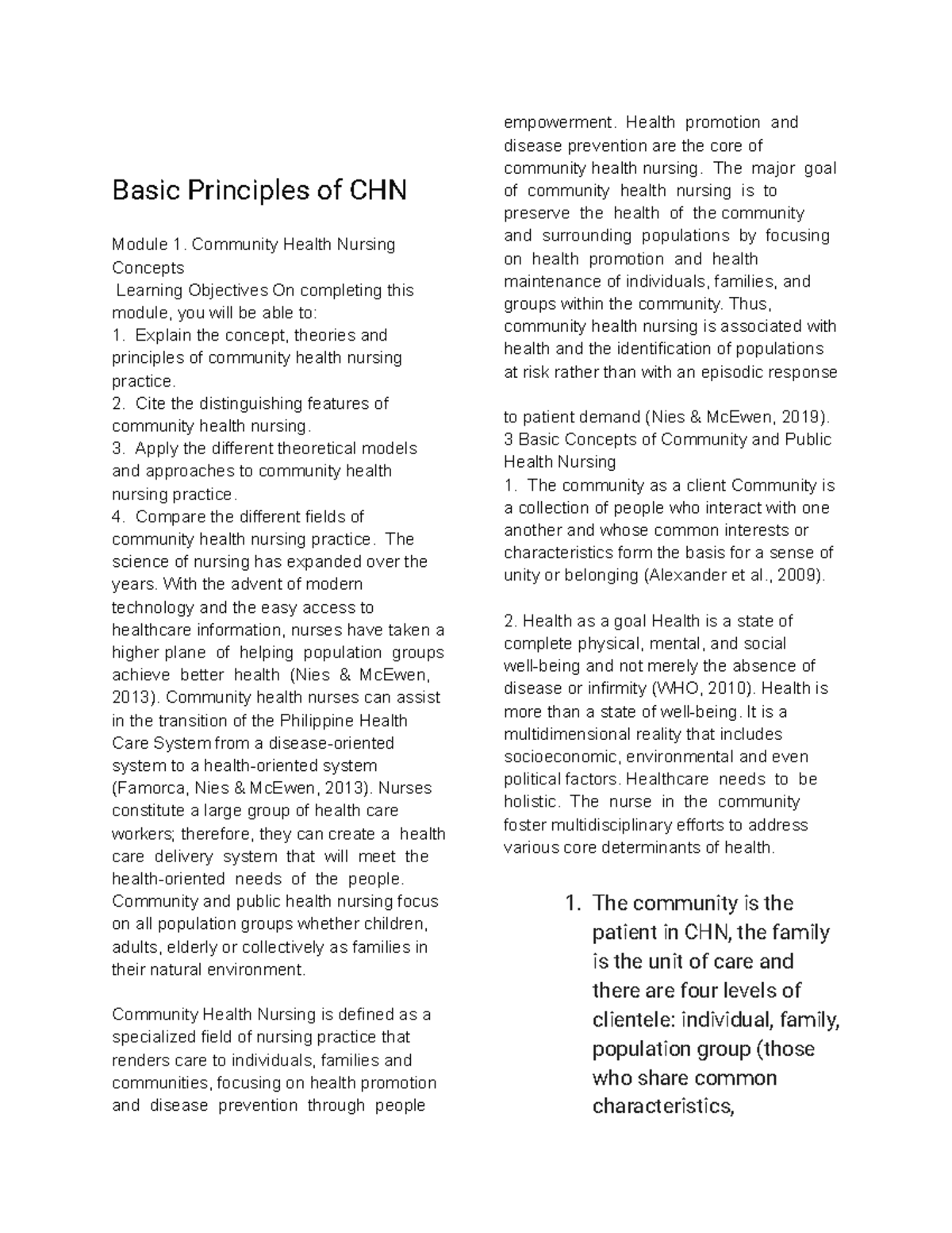 community base nursuing - Basic Principles of CHN Module 1. Community ...