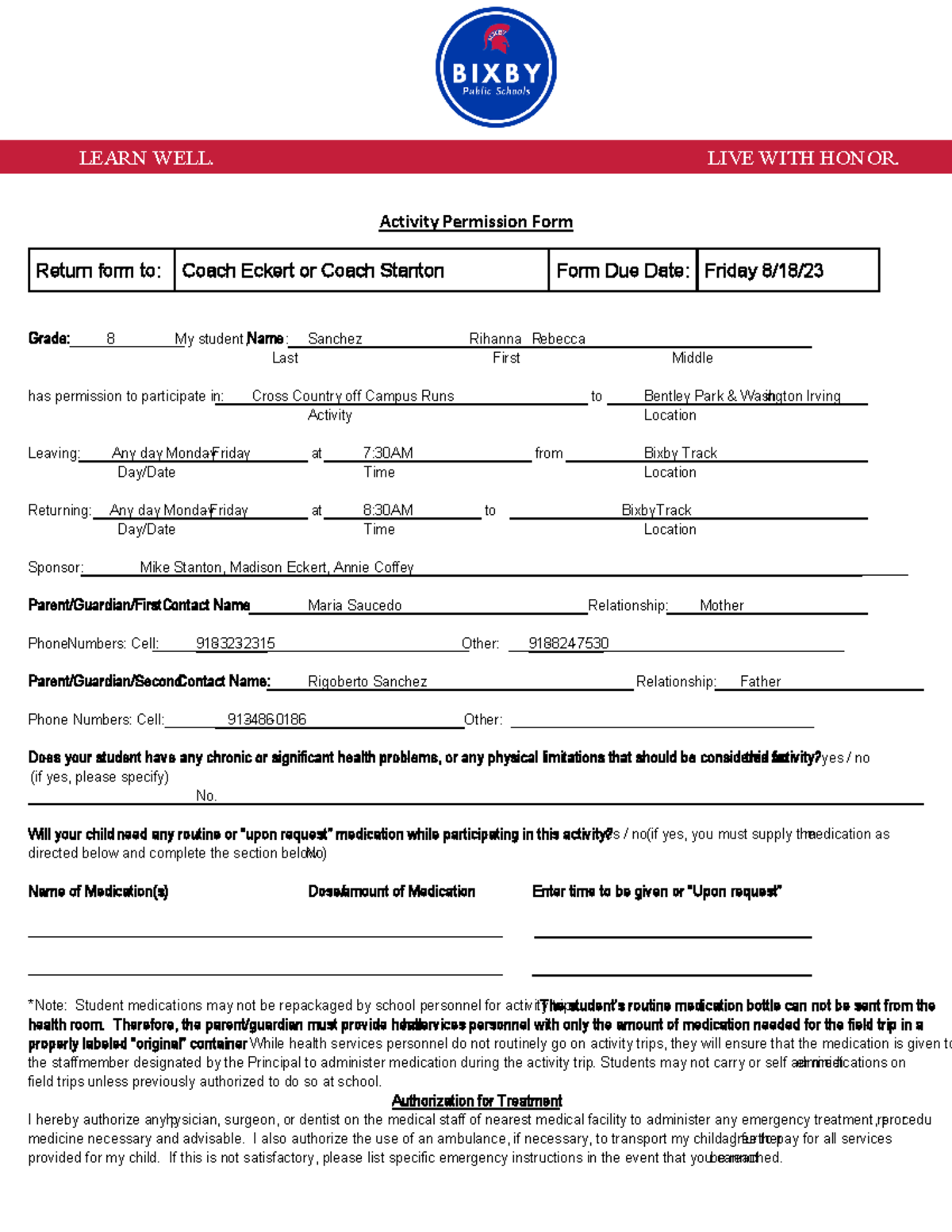 Off Campus Running Permission - LEARN WELL. LIVE WITH HONOR. Activity ...