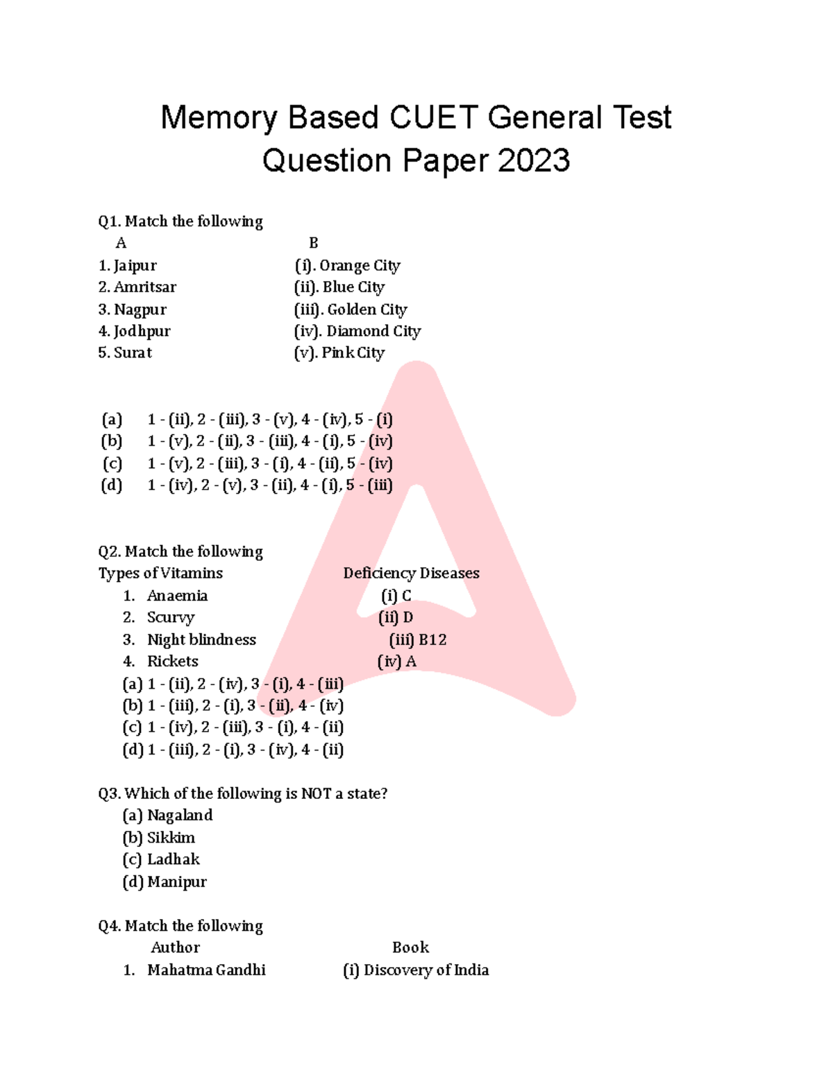 Memory Based CUET General Test Question Paper 2023 - Match the ...