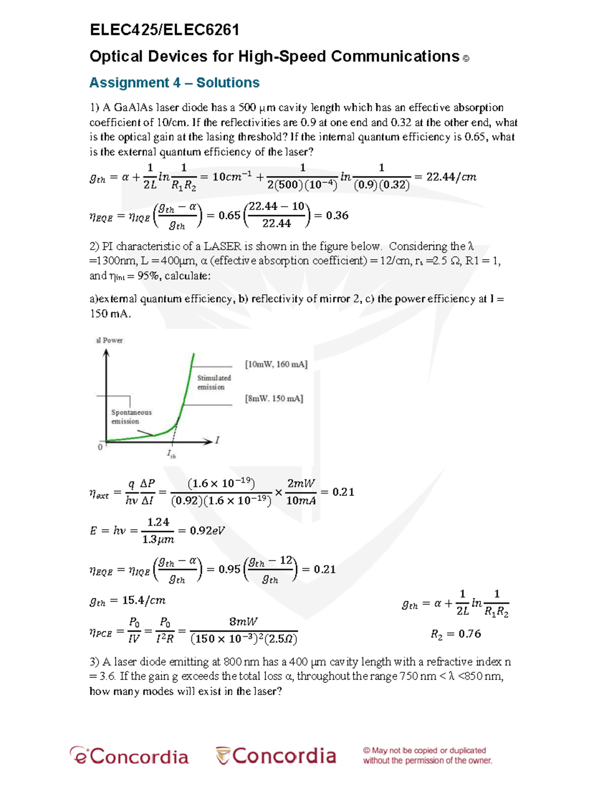 Assignment 4 Solutions - ELEC425/ELEC Optical Devices for High-Speed Communications Assignment 4 ...