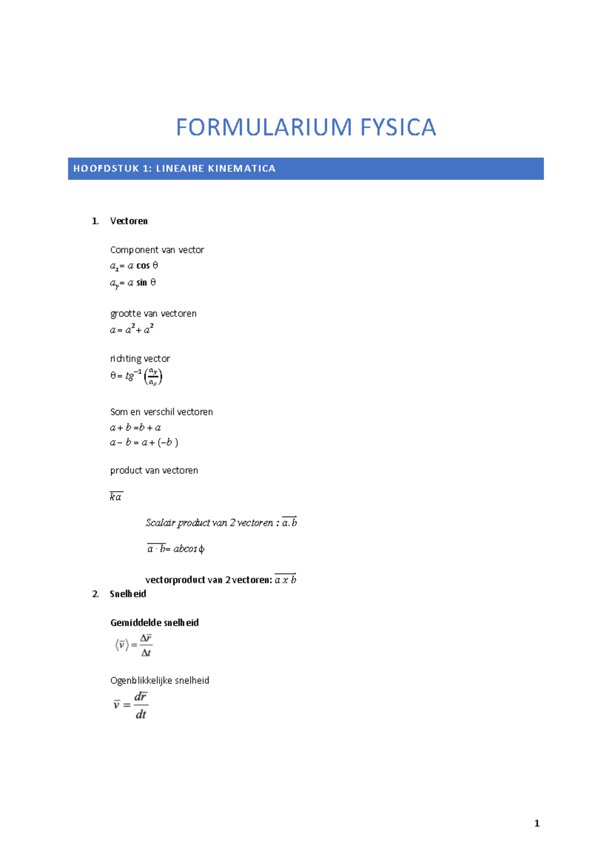 Formularium fysica - FORMULARIUM FYSICA HOOFDSTUK 1: LINEAIRE ...