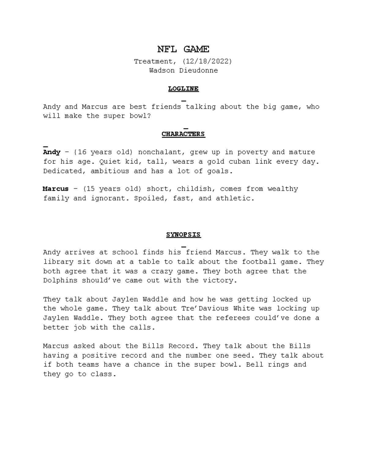 Treatment TV P - TV PRODUC - NFL GAME Treatment, (12/18/2022) Wadson ...