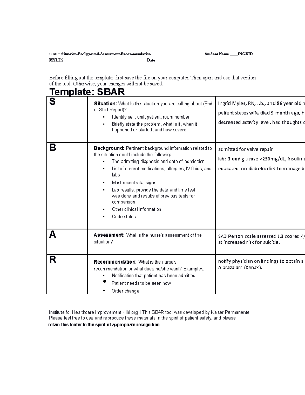 Term 4 SBAR JB wk 1 - SBAR complete - SBAR: Situation-Background ...