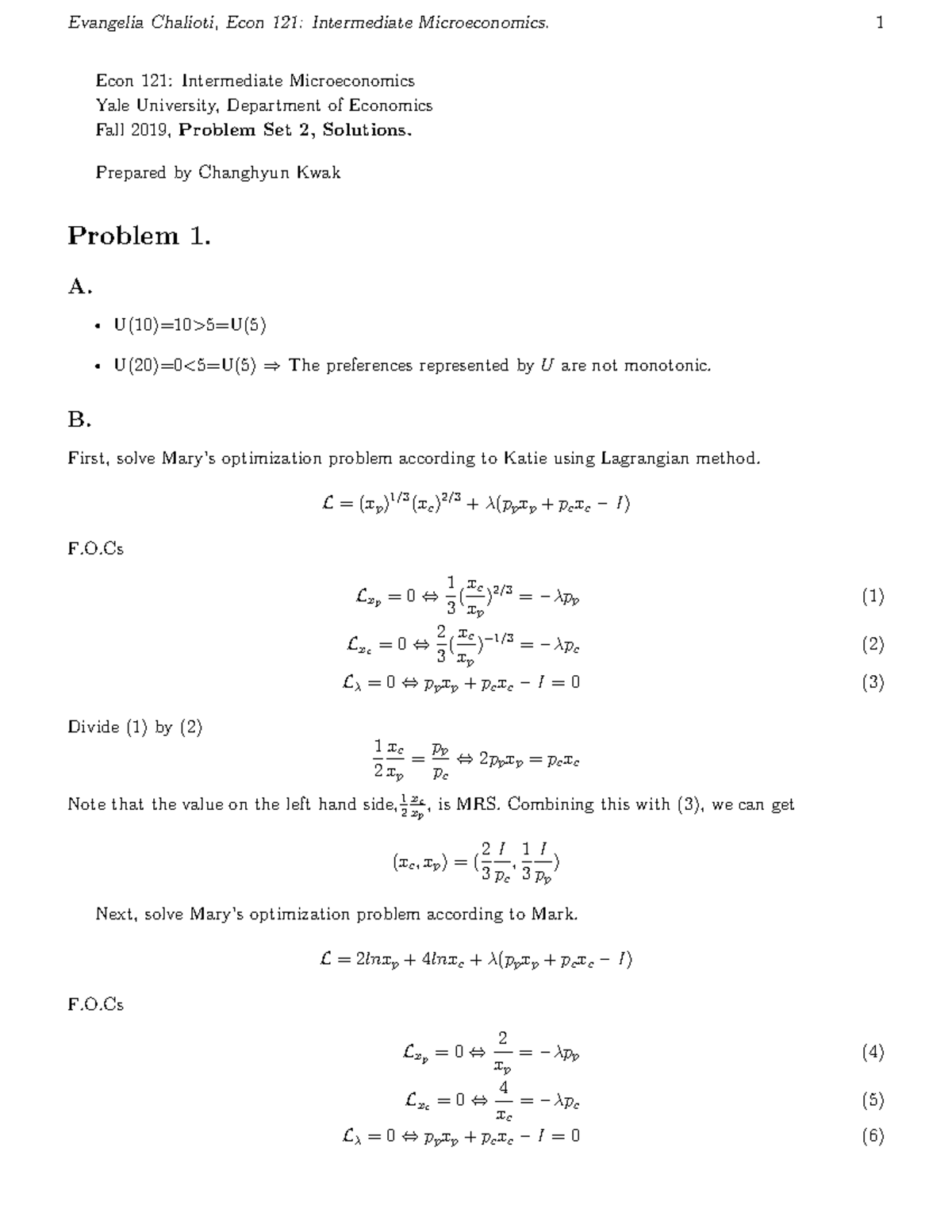Problem Set 2 Econ121(2019 Fall) Solutions - Econ 121: Intermediate ...