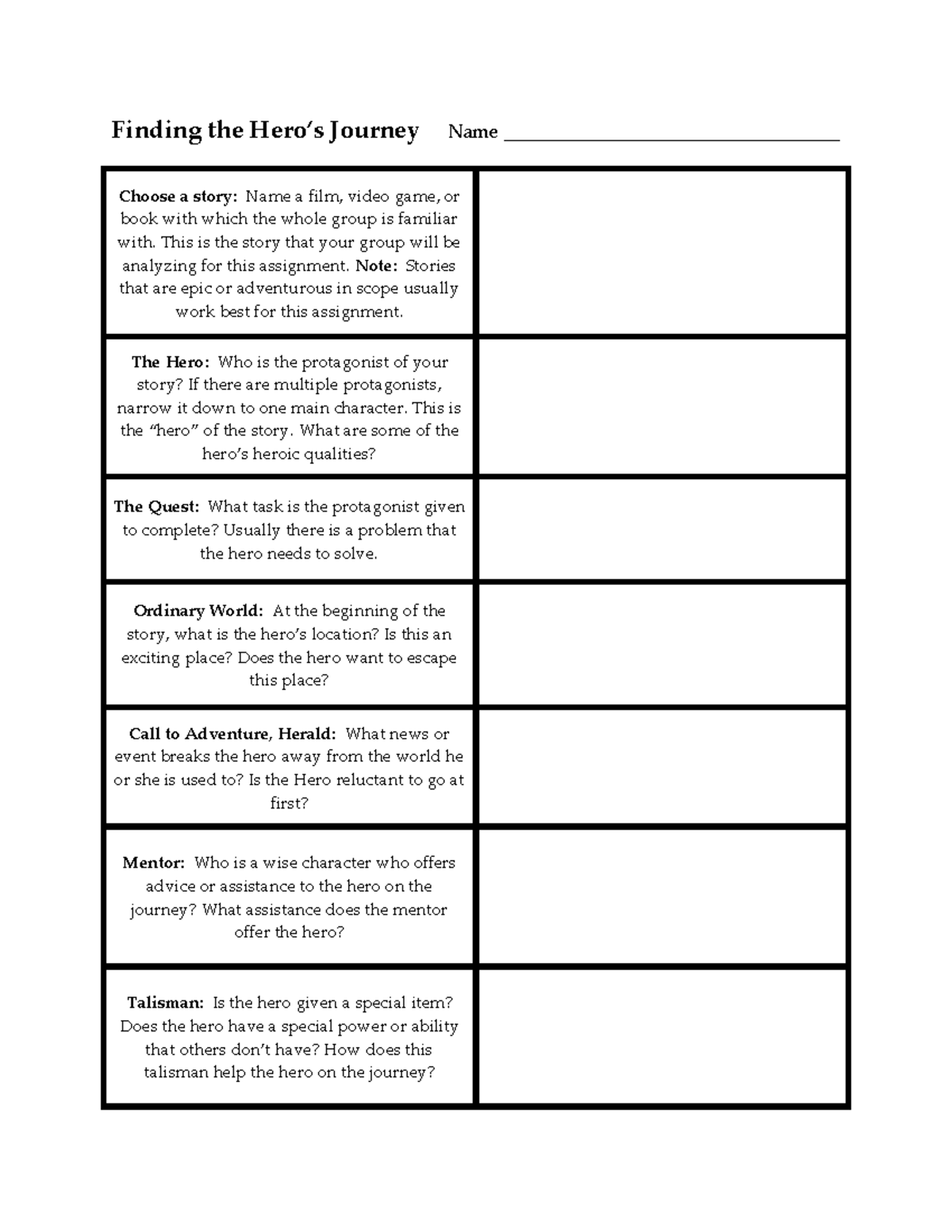 The heros journey worksheet - Finding the Hero’s Journey Name