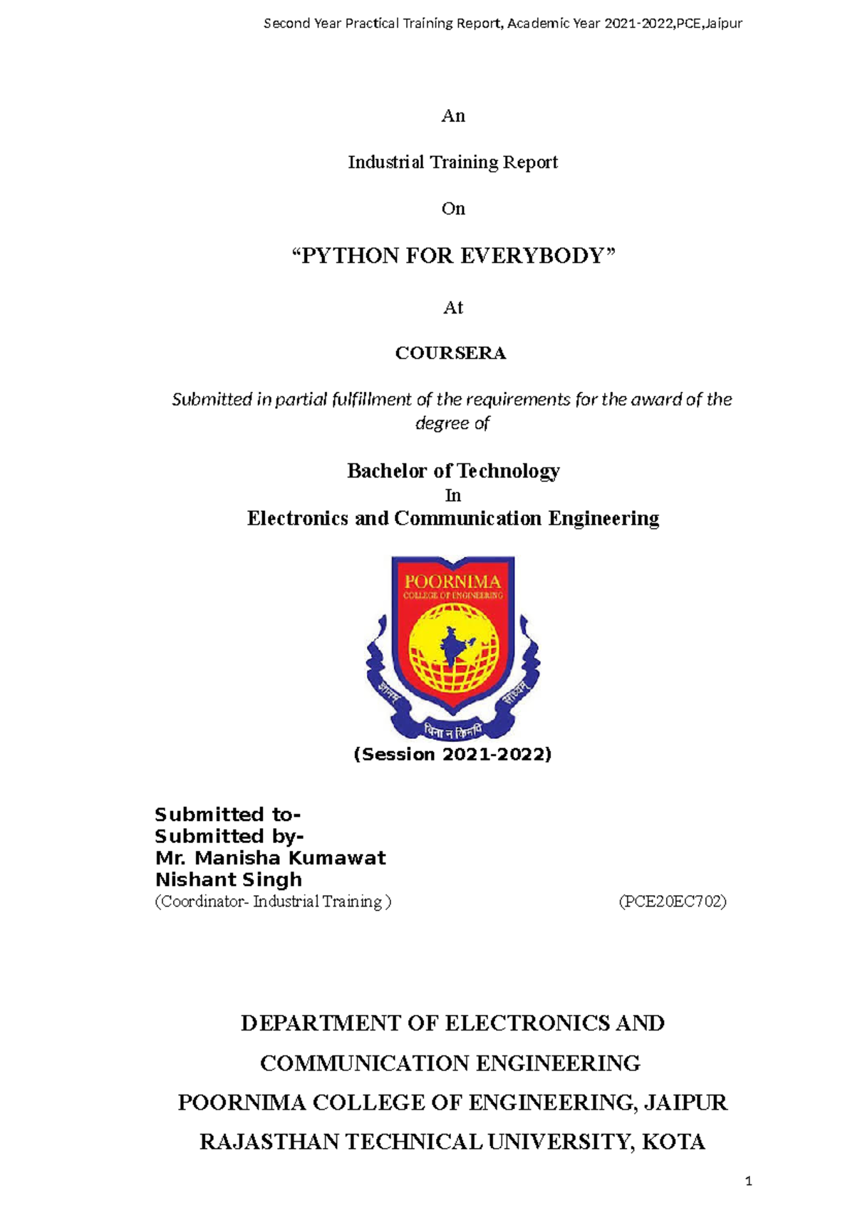 ITS Report By nishant final - An Industrial Training Report On “PYTHON ...