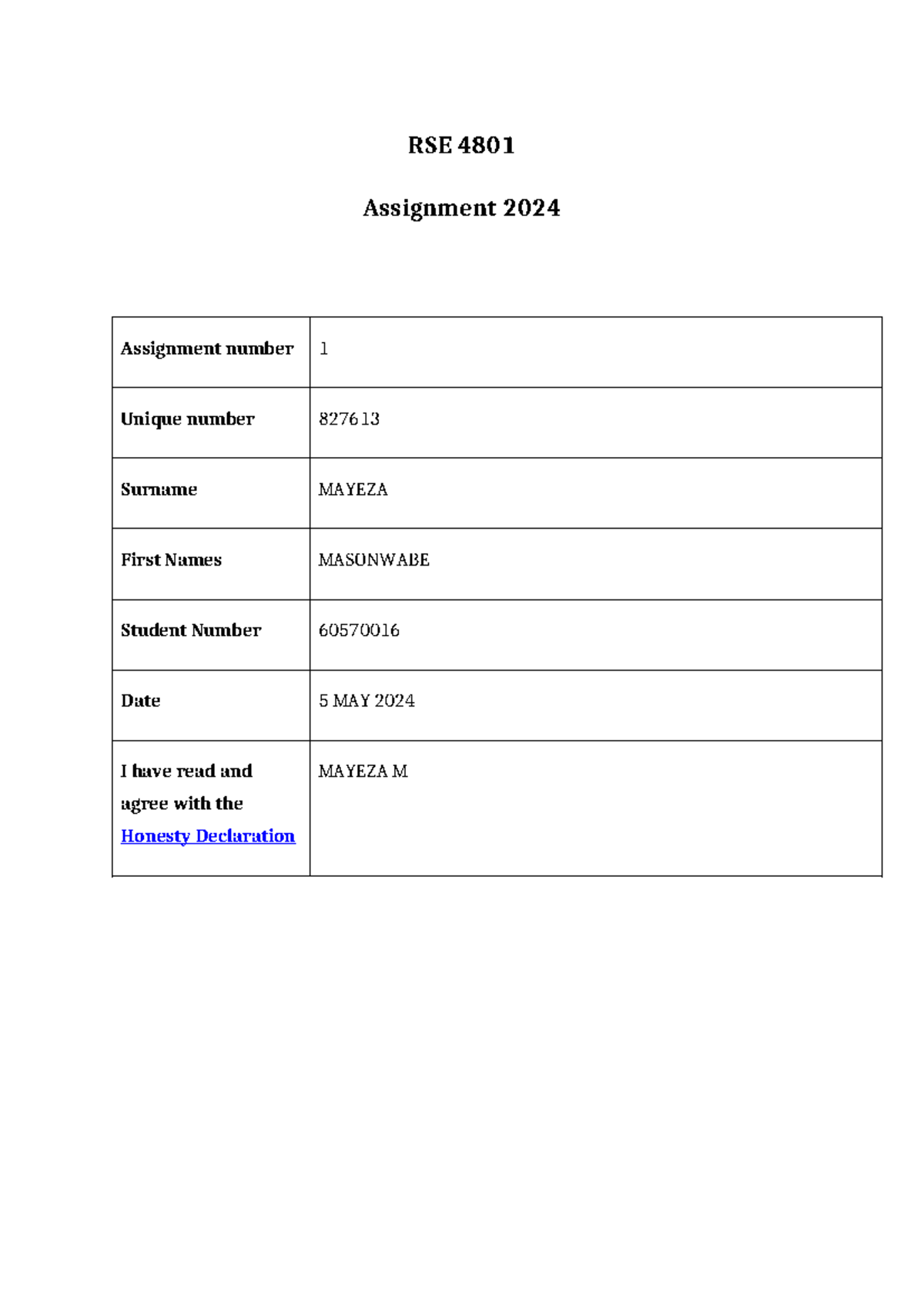 60570016 Mayeza Assignment 1 RSE 4801 2024 - RSE 4801 Assignment 2024 ...