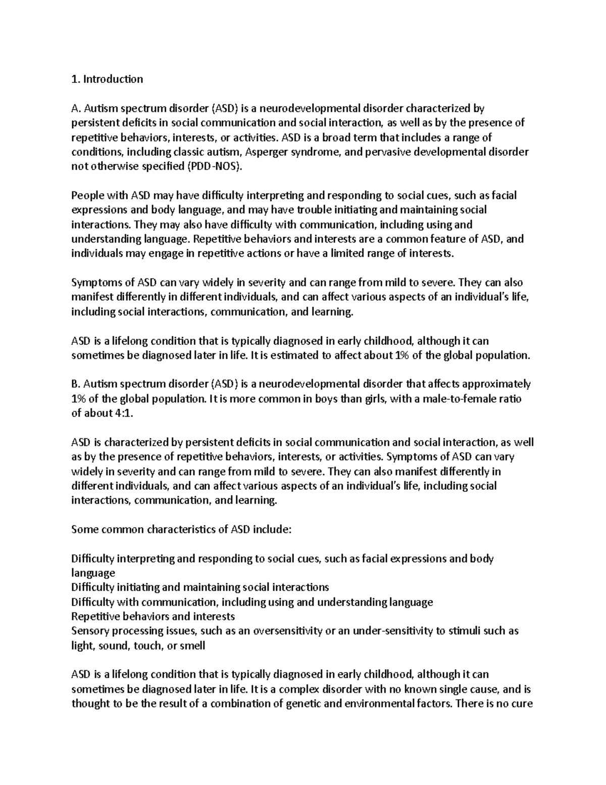 Autism spectrum disorder - Introduction A. Autism spectrum disorder ...