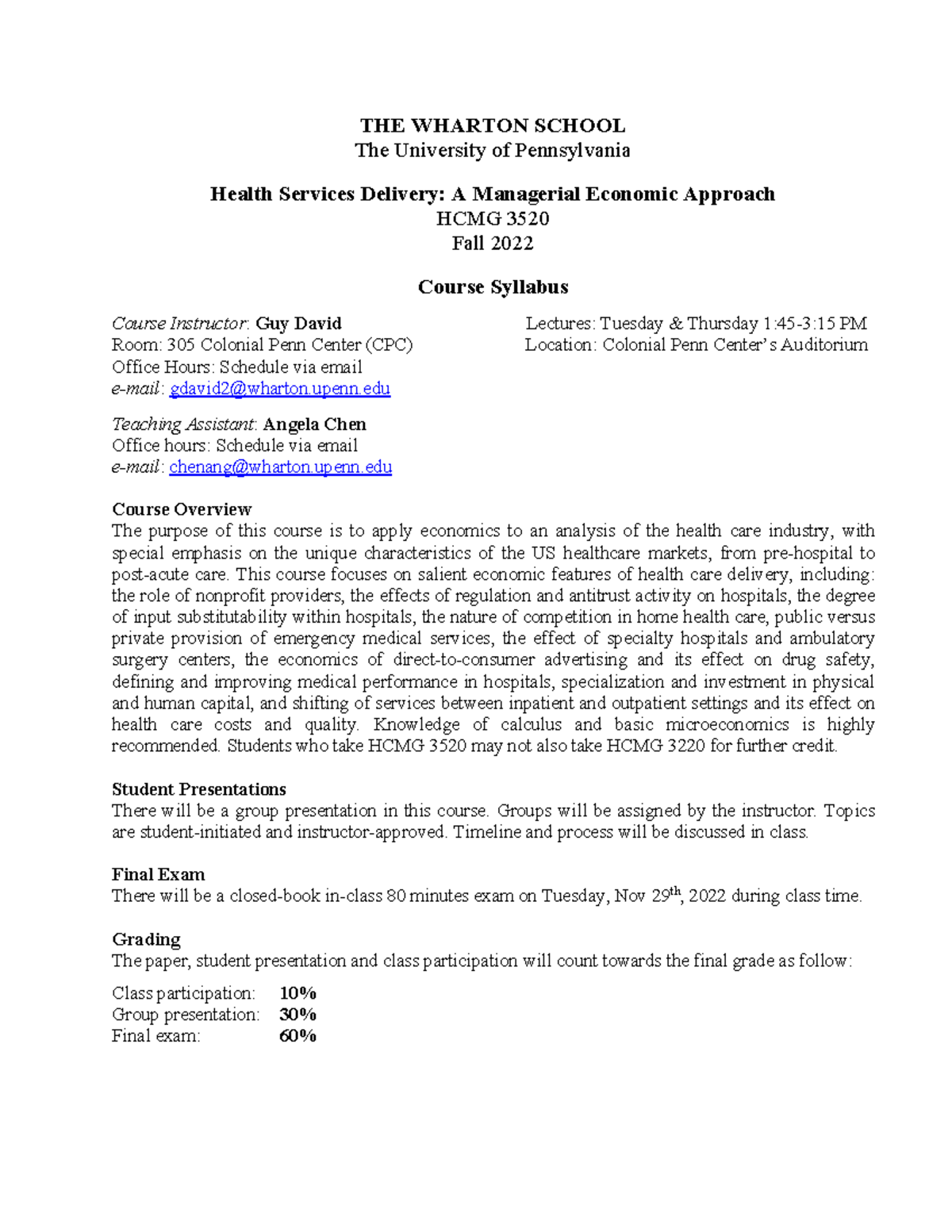 HCMG 3520 Syllabus Fall 2022 - THE WHARTON SCHOOL The University of ...