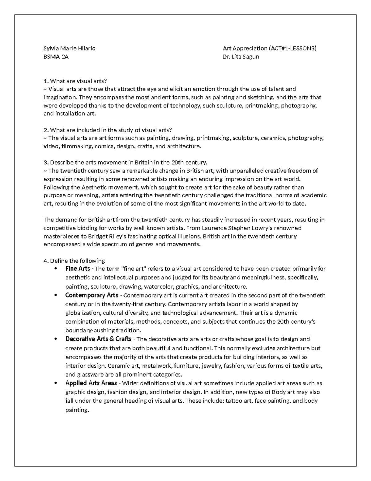 ACT- Lesson 3 - Sylvia Marie Hilario Art Appreciation (ACT#1-LESSON3 ...