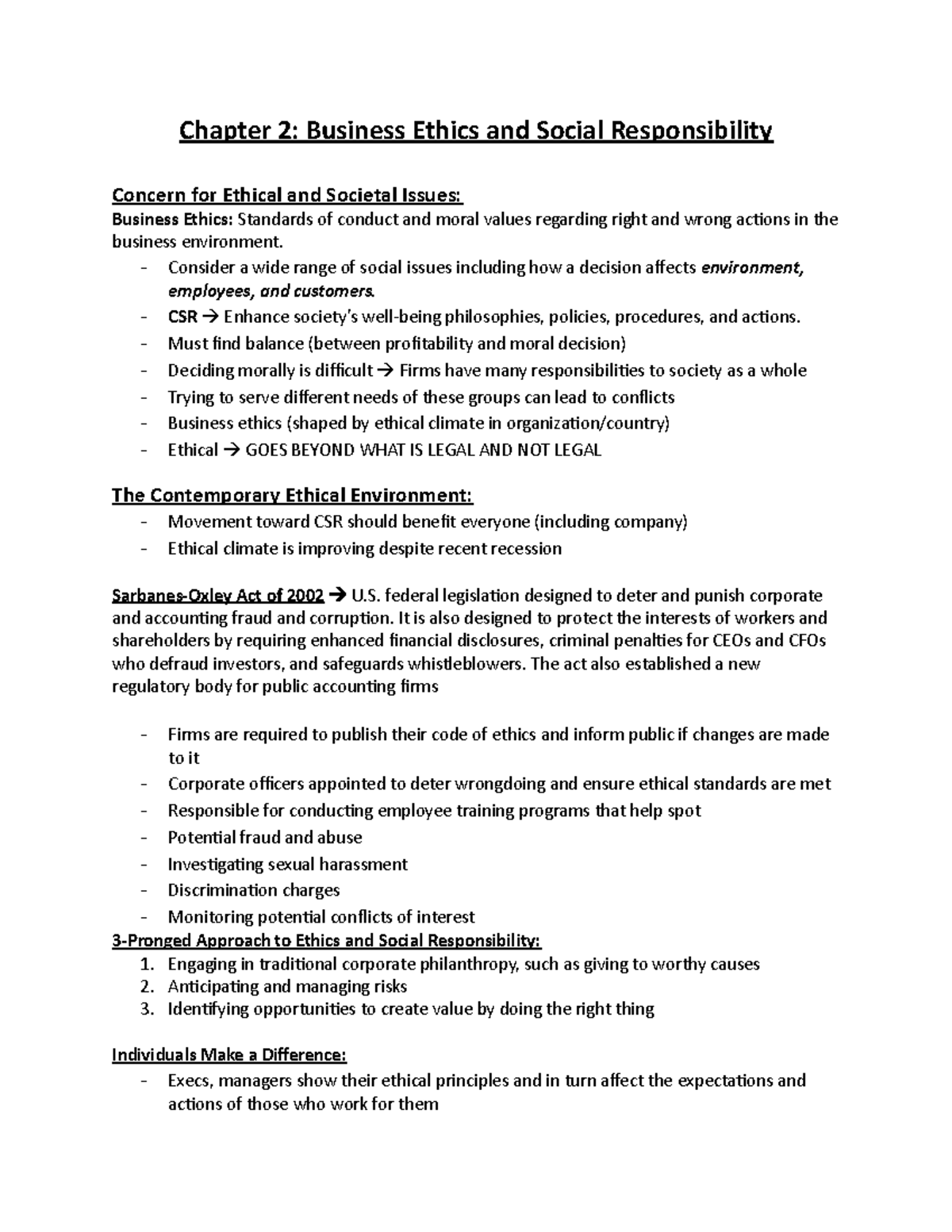 RSM100 notes chapter 2 - Chapter 2: Business Ethics and Social ...