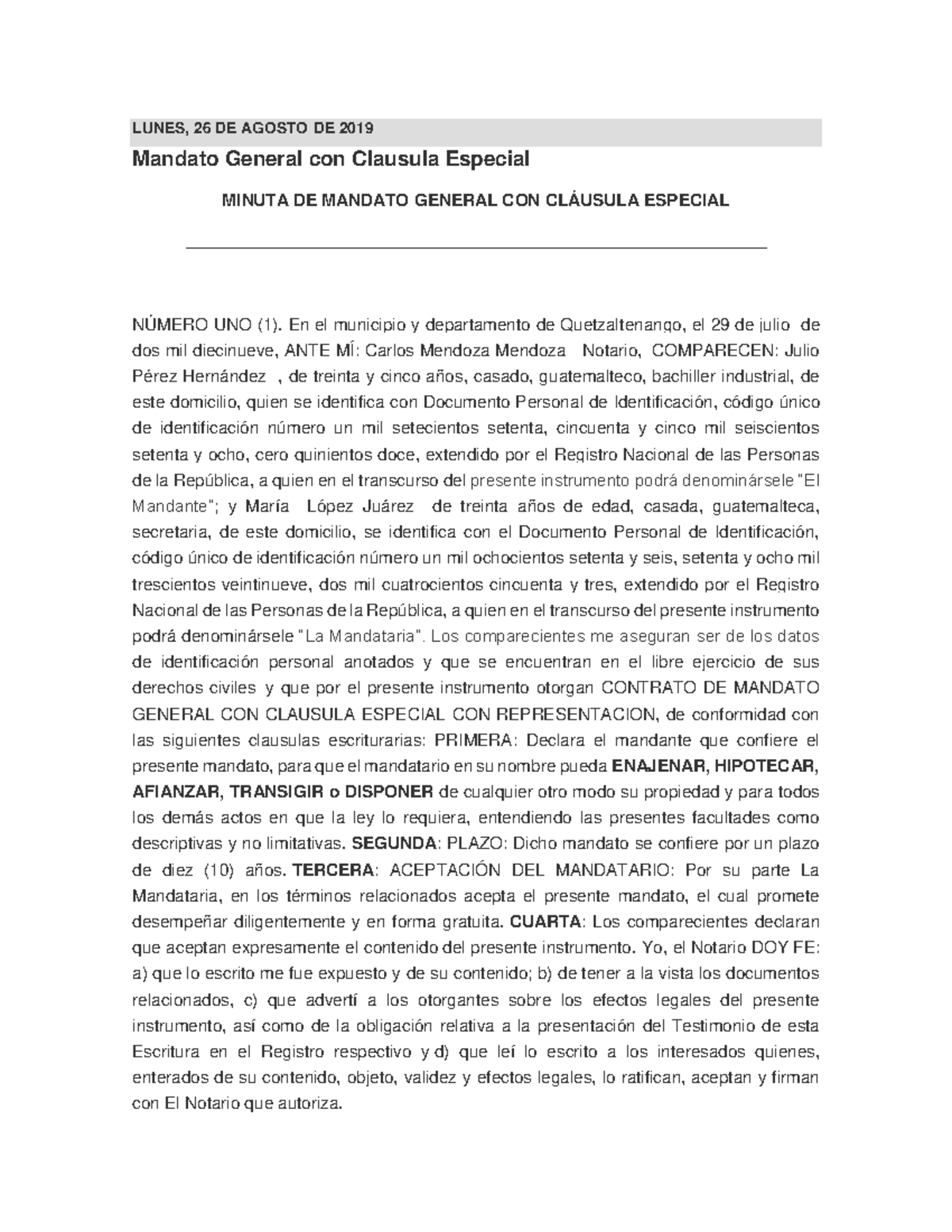 Mandato - LUNES, 26 DE AGOSTO DE 2019 Mandato General con Clausula ...