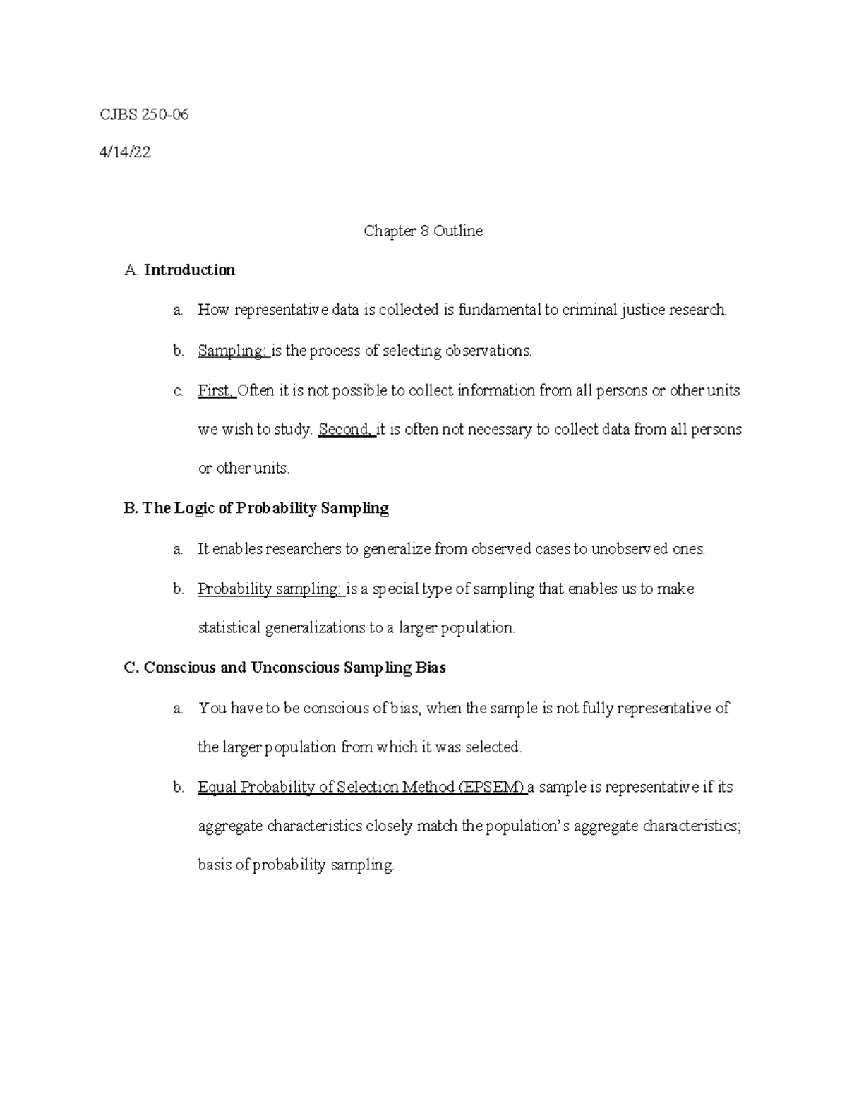 Chapter 8 Outline - CJBS 250- 4/14/ Chapter 8 Outline A. Introduction a. How representative data ...