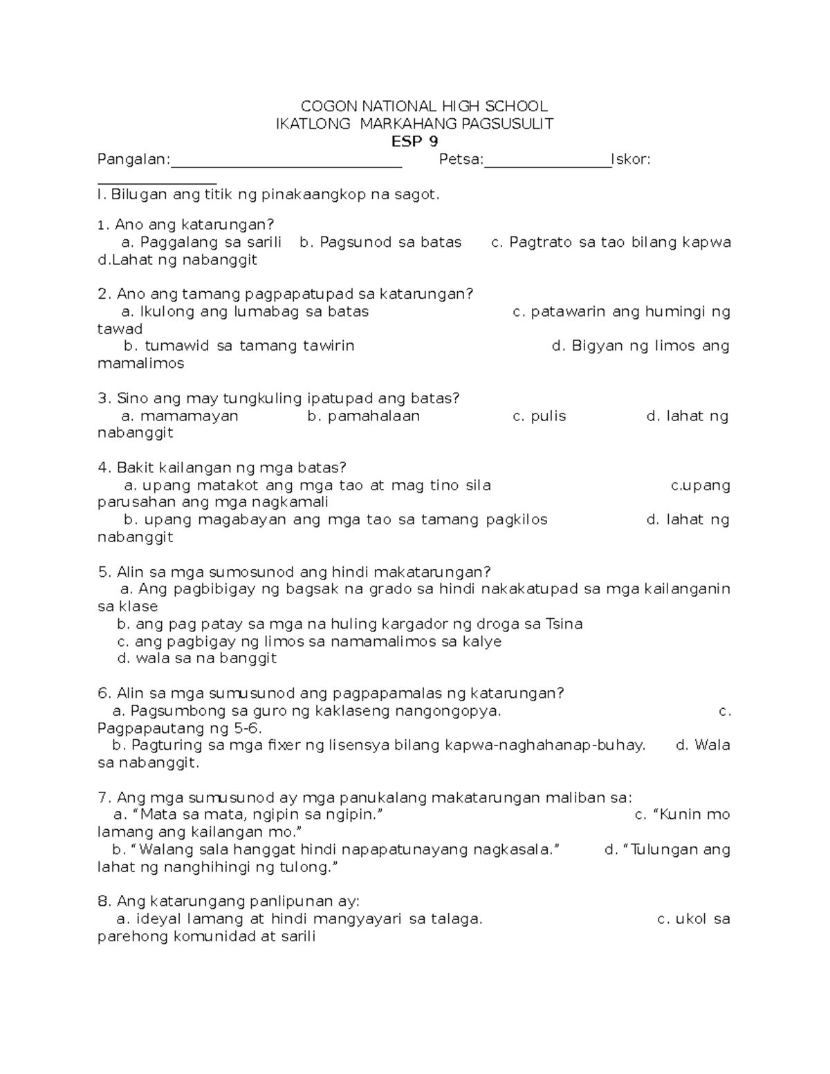 Esp9-3rdq Q - Test Paper/ TOS - COGON NATIONAL HIGH SCHOOL IKATLONG ...
