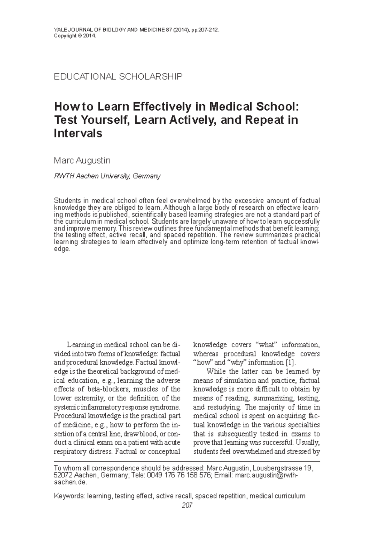 How to Learn Effectively in Medical School - 207 YALE JournAL oF ...