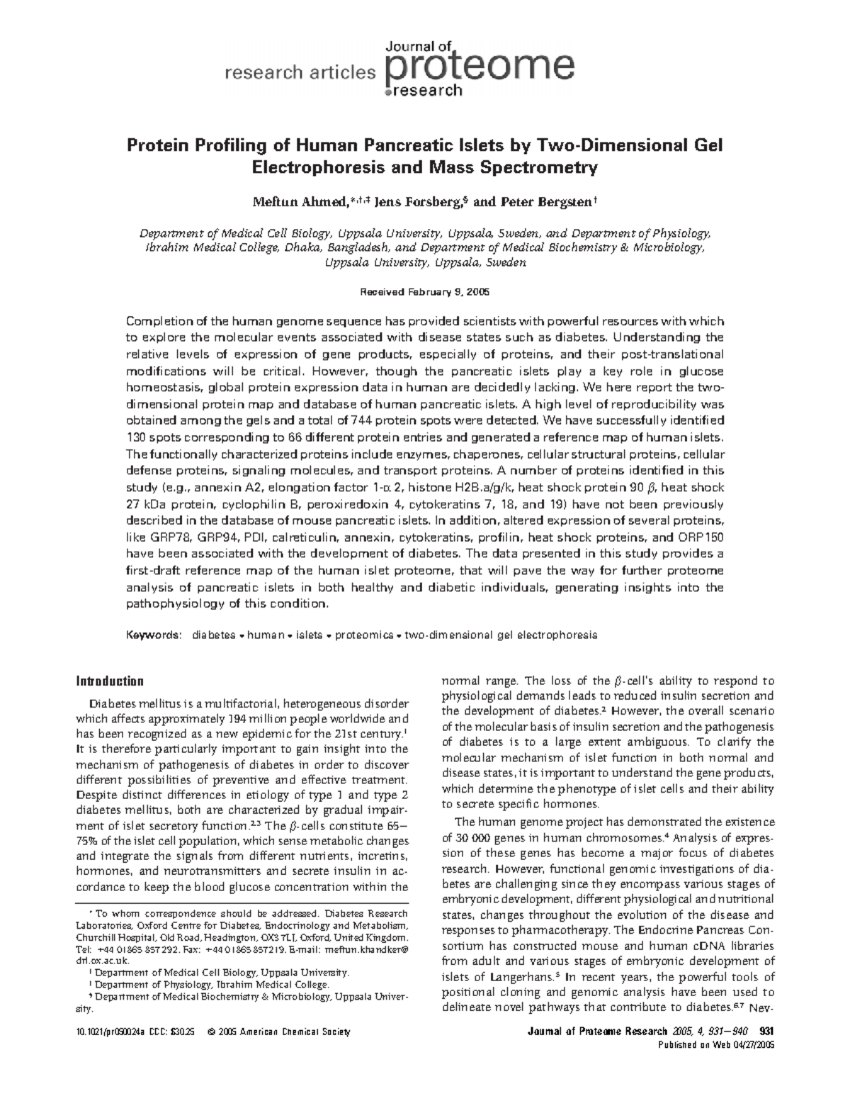 Protein Profiling of Human Pancreatic Islets by Two-Dimensional Gel ...