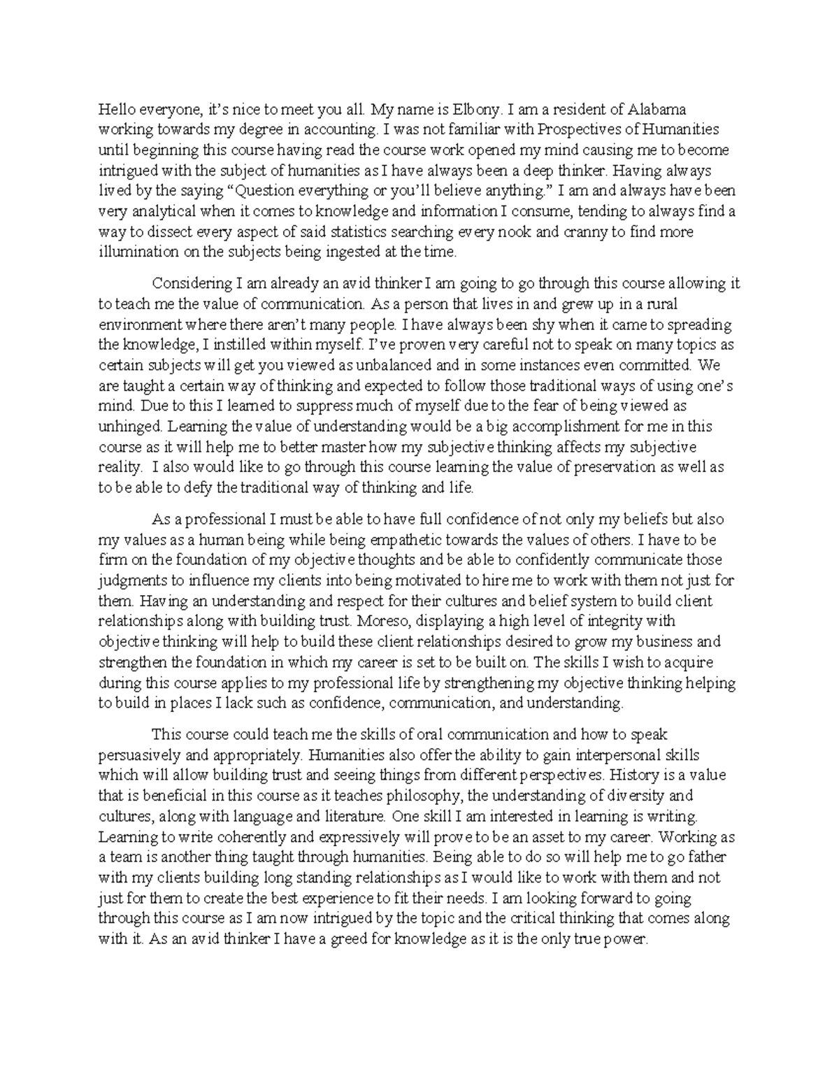 Humanities module one discussion - Hello everyone, it’s nice to meet ...