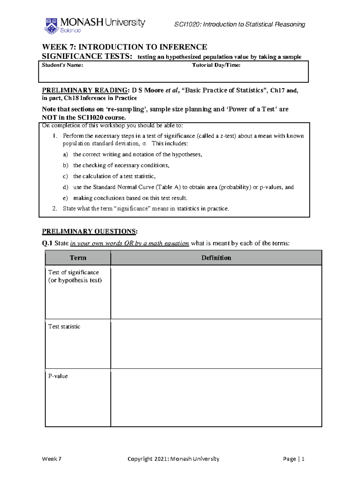 WEEK 07 - ...... - SCI1020: Introduction to Statistical Reasoning Week 7 Copyright 20 21 ...
