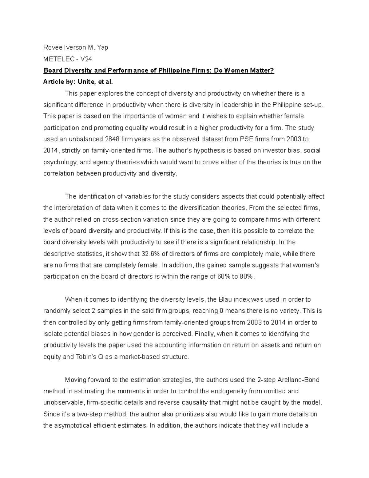 Article Critique - Rovee Iverson M. Yap METELEC - V Board Diversity and ...