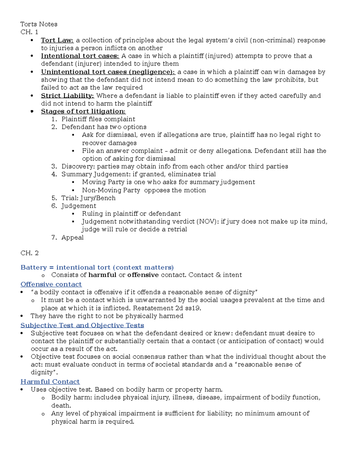 Tort Notes - Torts Notes CH. 1 Tort Law: a collection of principles ...