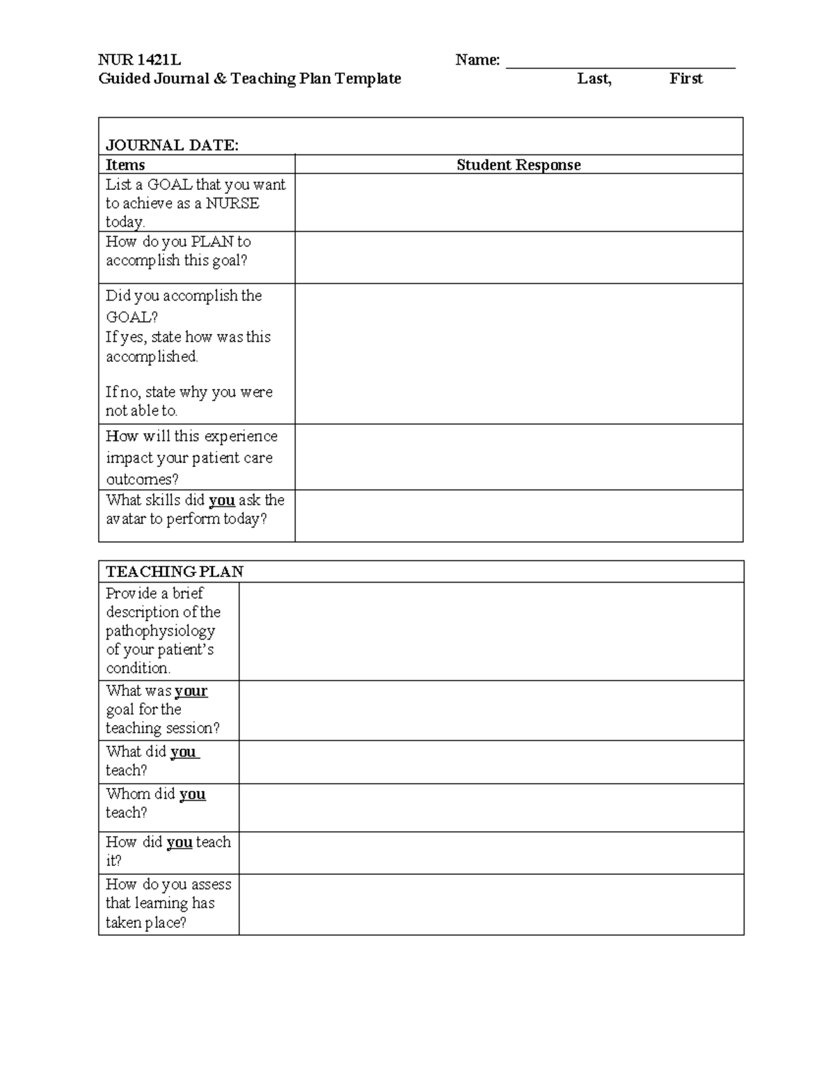 Guided Journal & Teaching Plan Template 11 - NUR 1421L Name