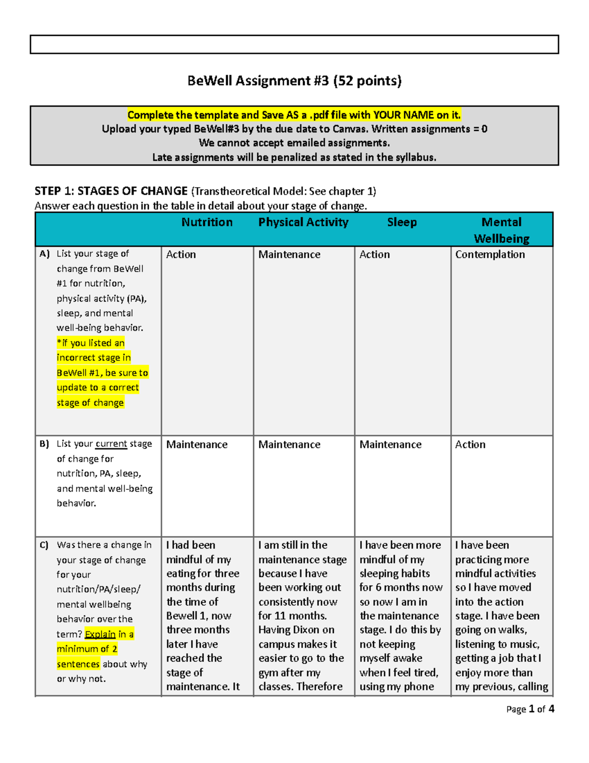 Be Well Assignment 3 F22 - BeWell Assignment #3 (52 points) Complete ...