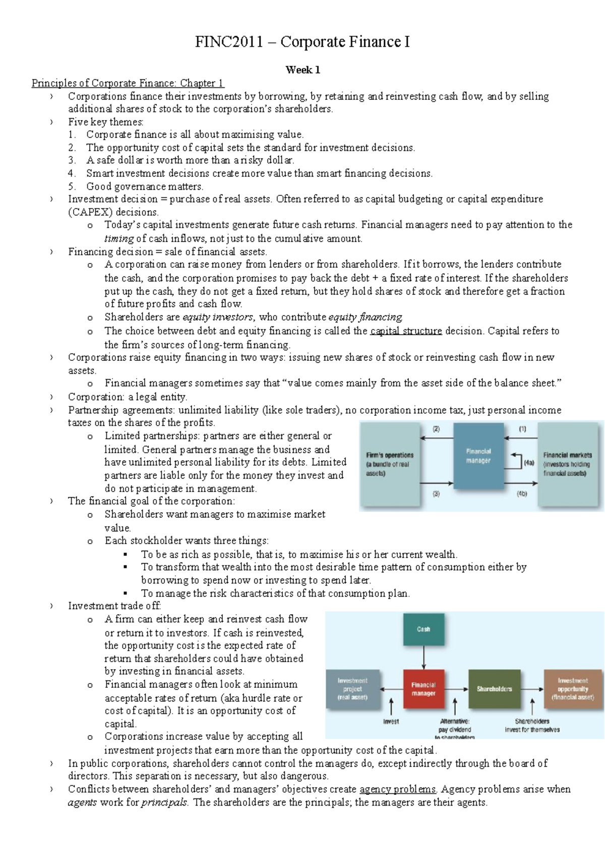 FINC2011 notes - FINC2011 – Corporate Finance I Week 1 Principles of ...