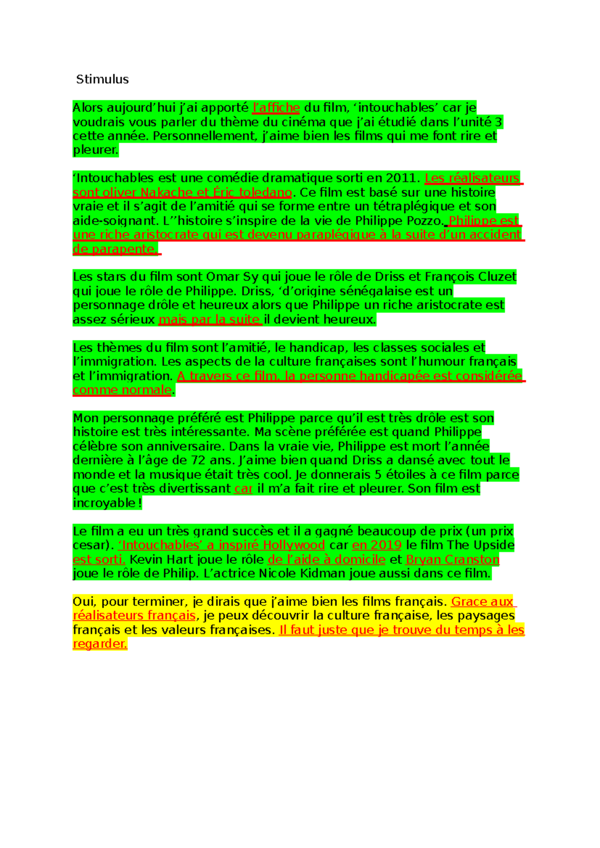 Stimulus for oral - Stimulus Alors aujourd’hui j’ai apporté l’affiche ...