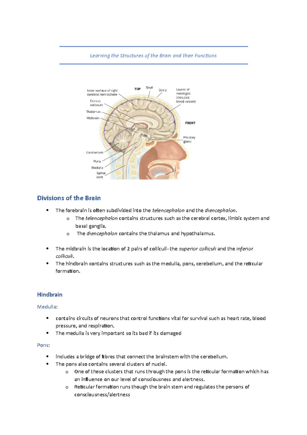 Learning the Structures of the Brain and their Functions - o The ...